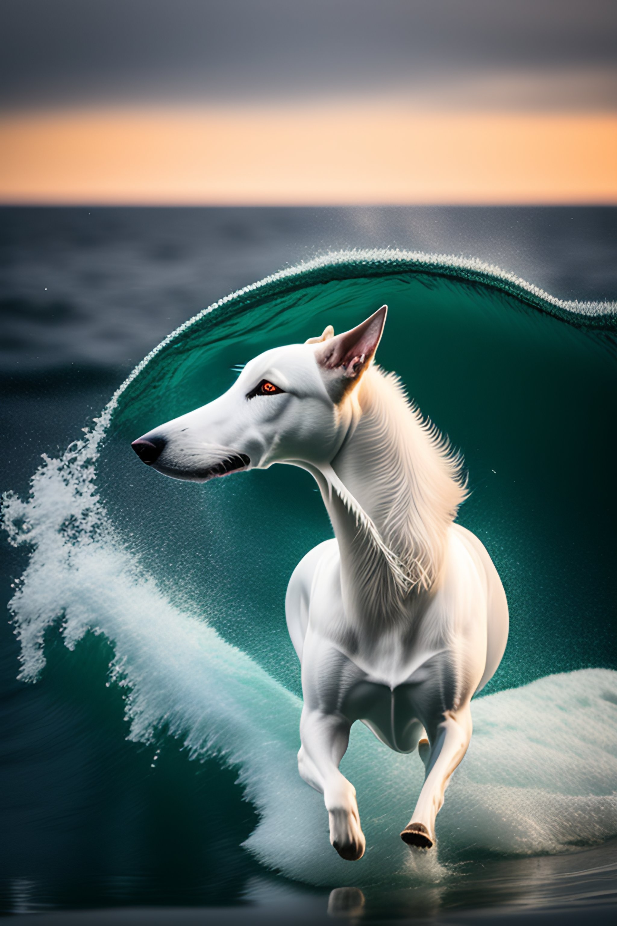 Lexica - Photo of a white greyhound swimming on the sea