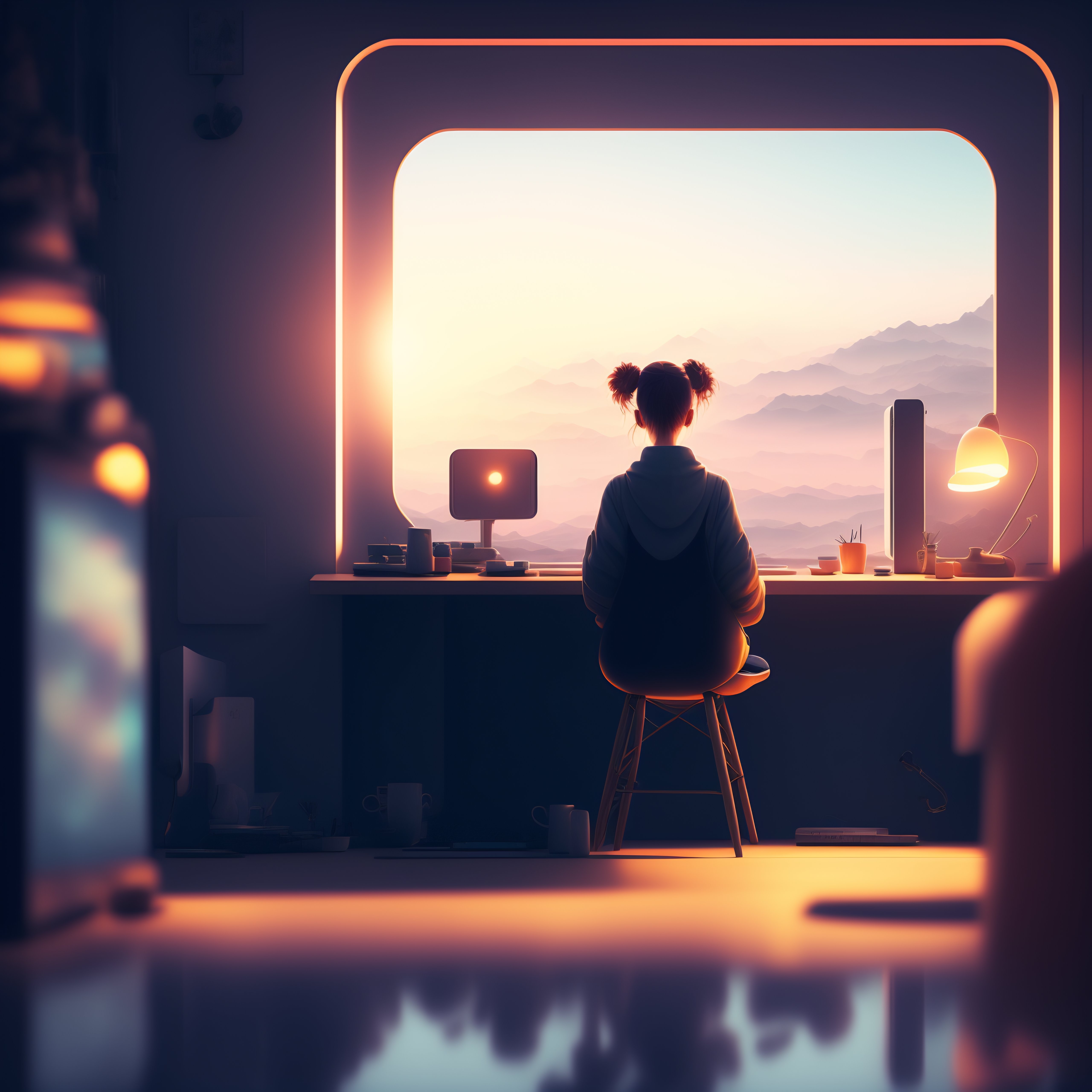 Lexica - A girl working on a computer in a small room with a big window ...