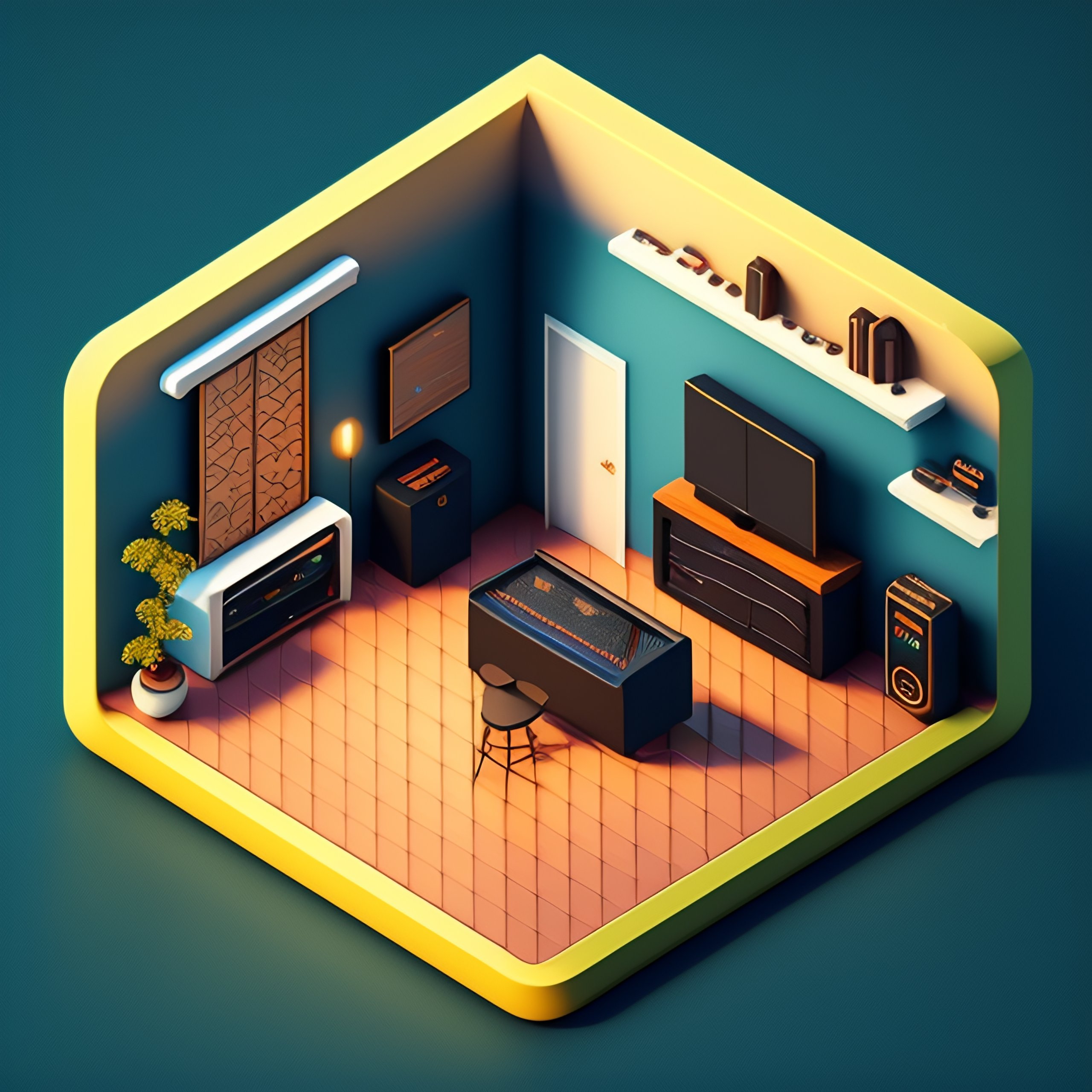 Lexica - Isometric render of a gaming room, 1 man playing videogame