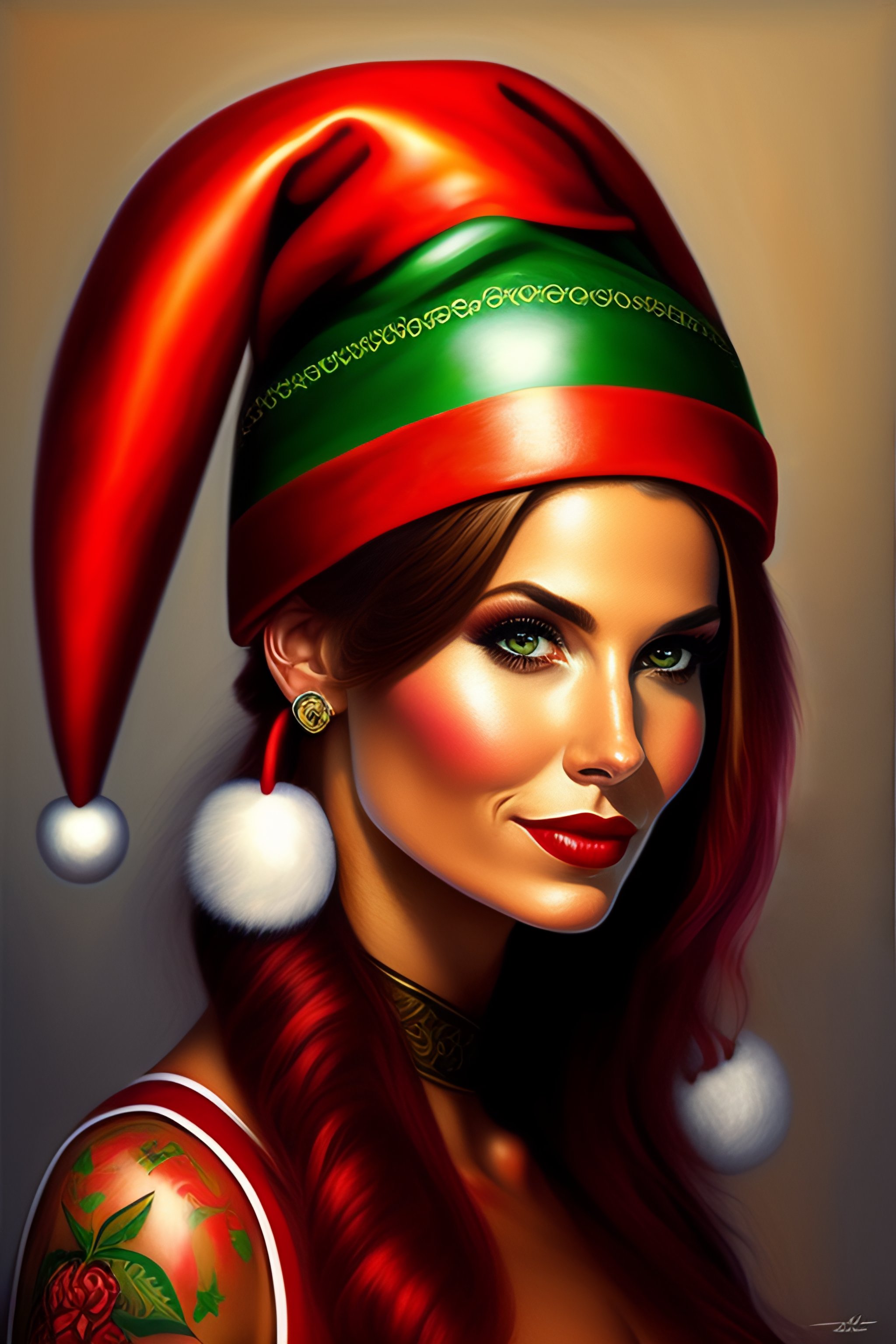 Lexica - Holiday elf, female, tattooed rebel, painted style, santa