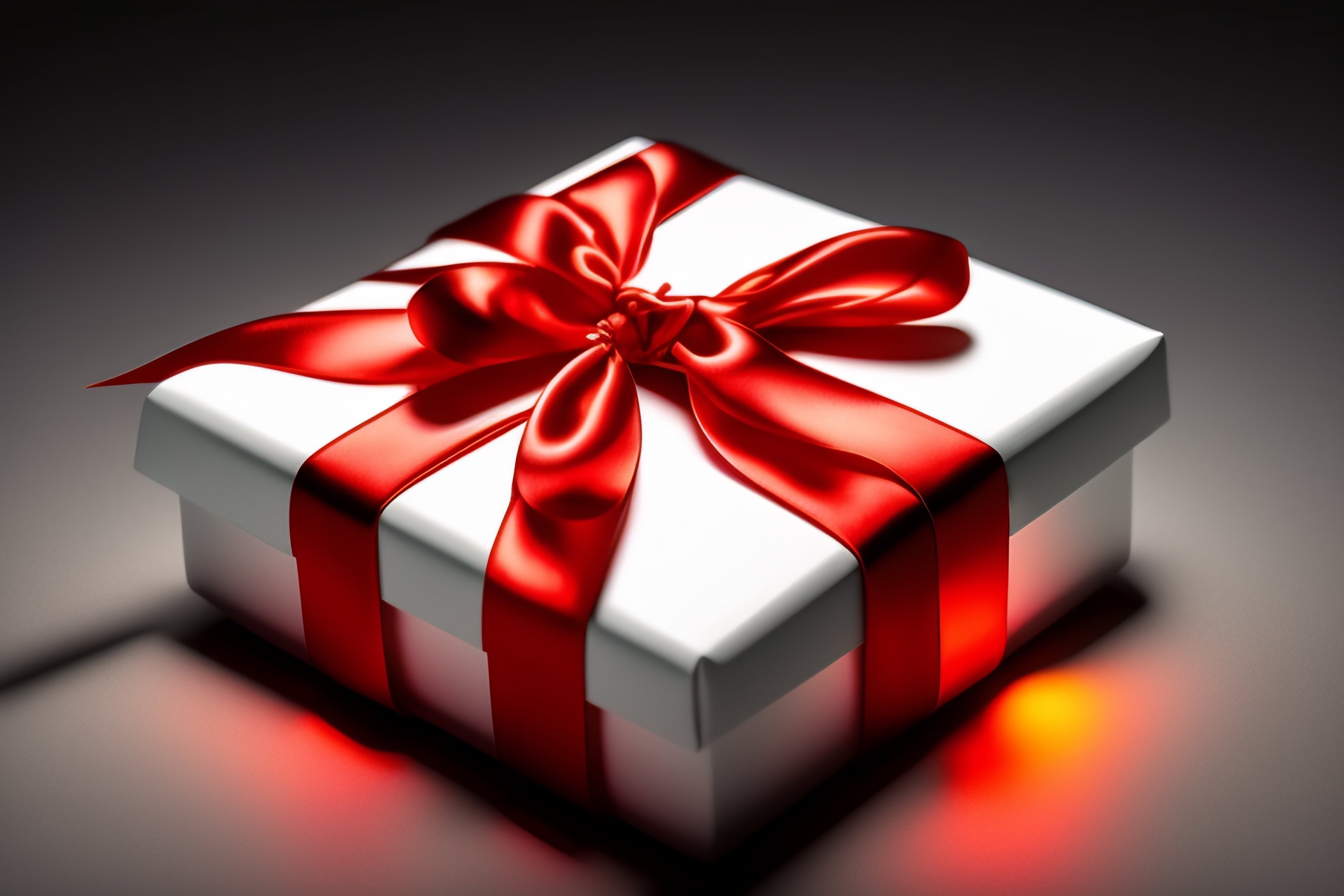Lexica - Open gift white box with glow inside, red undone ribbon