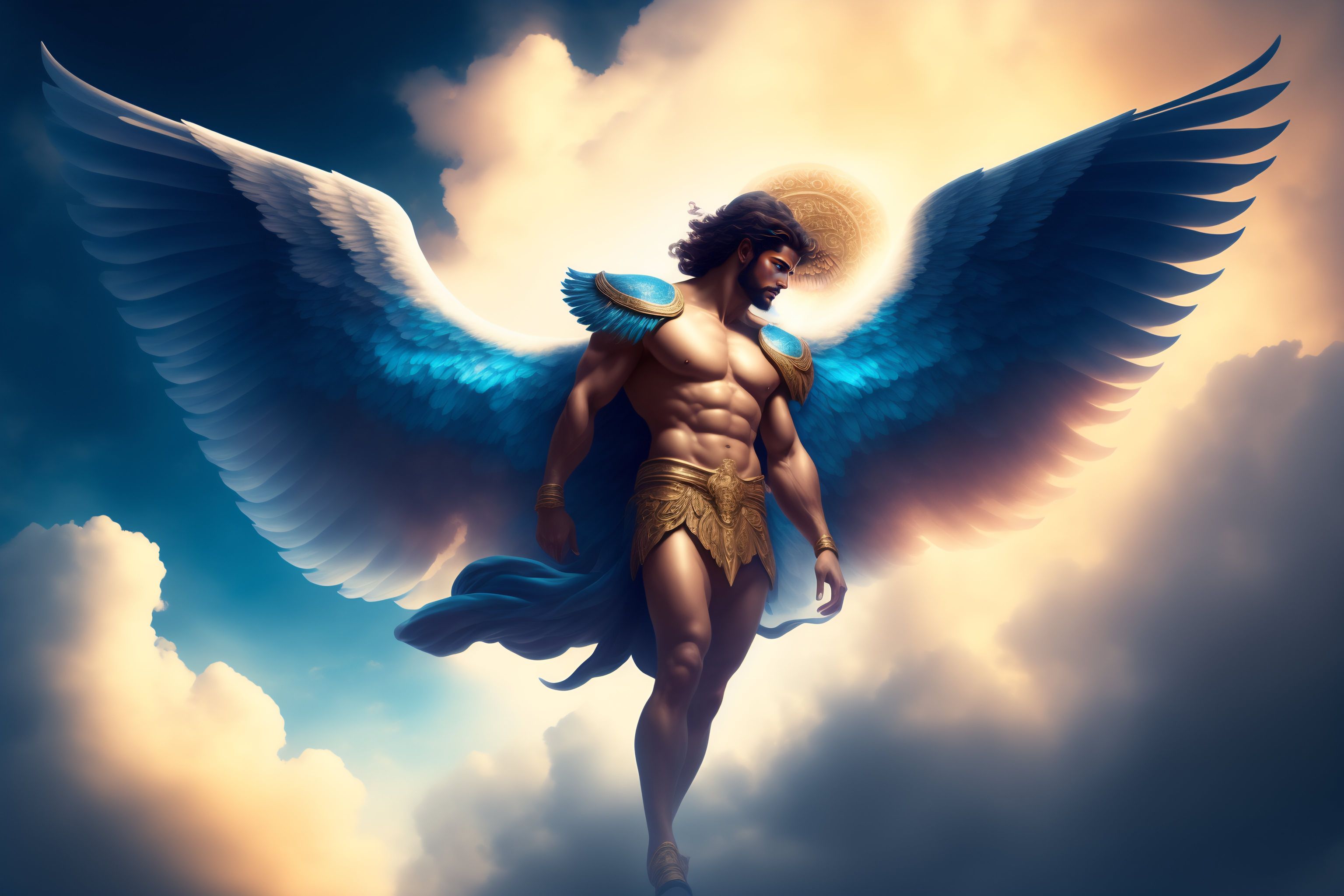 Lexica - A god from Greek mythology with wings flying in the clouds