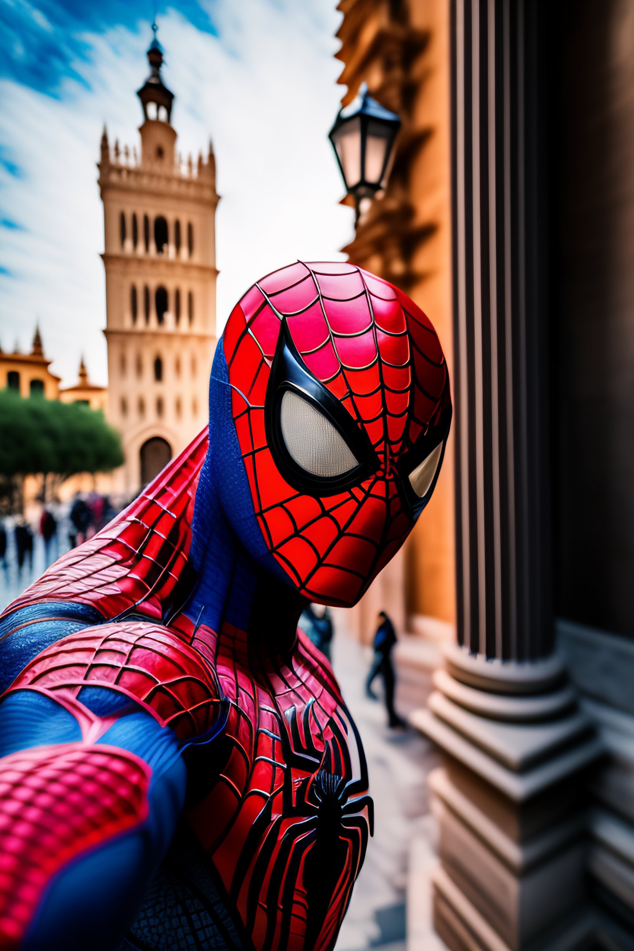 Lexica - Spiderman taking a selfie in the Giralda monument in Seville ...