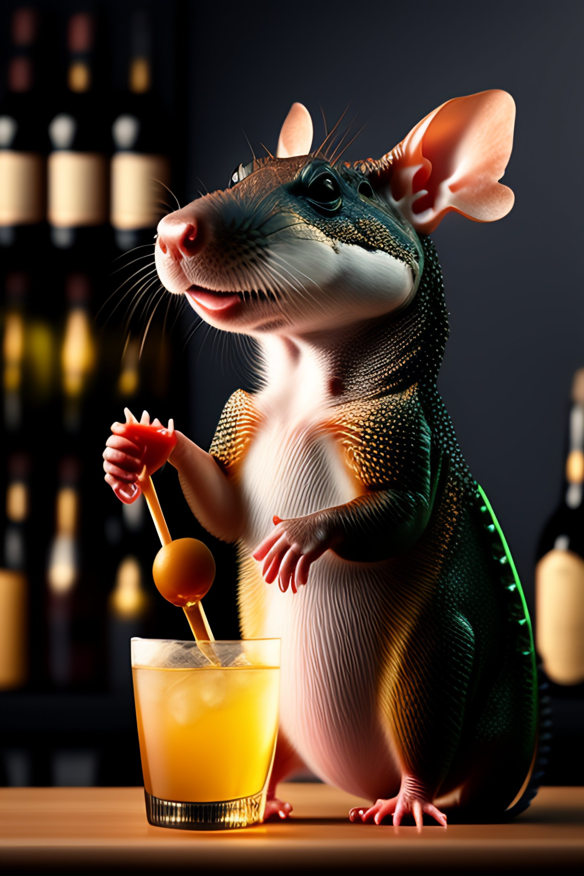 Lexica - An alligator hybrid bartending rat serving cocktails
