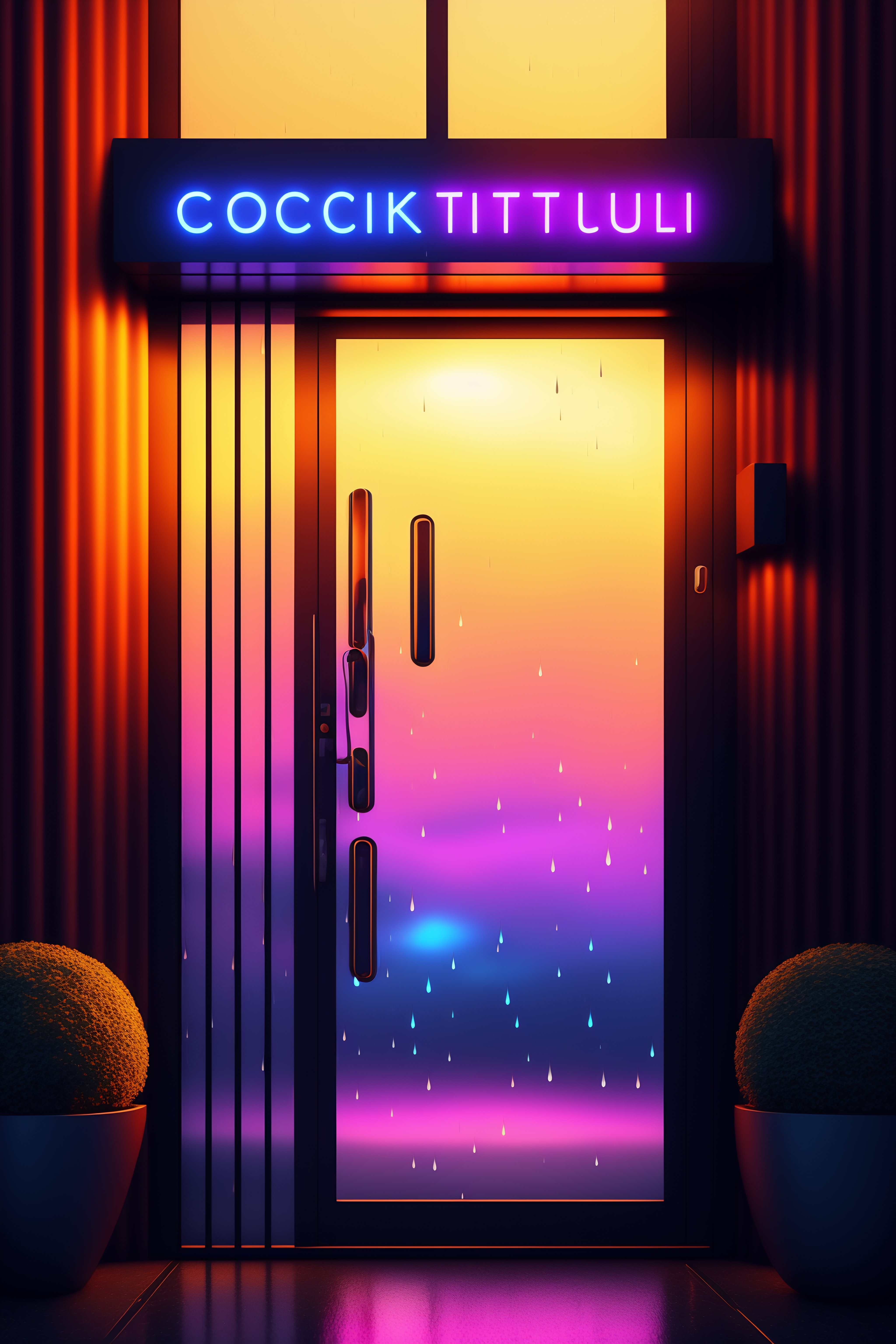 Lexica - Cocktail club door outside, its raining, cyber, neon digns ...