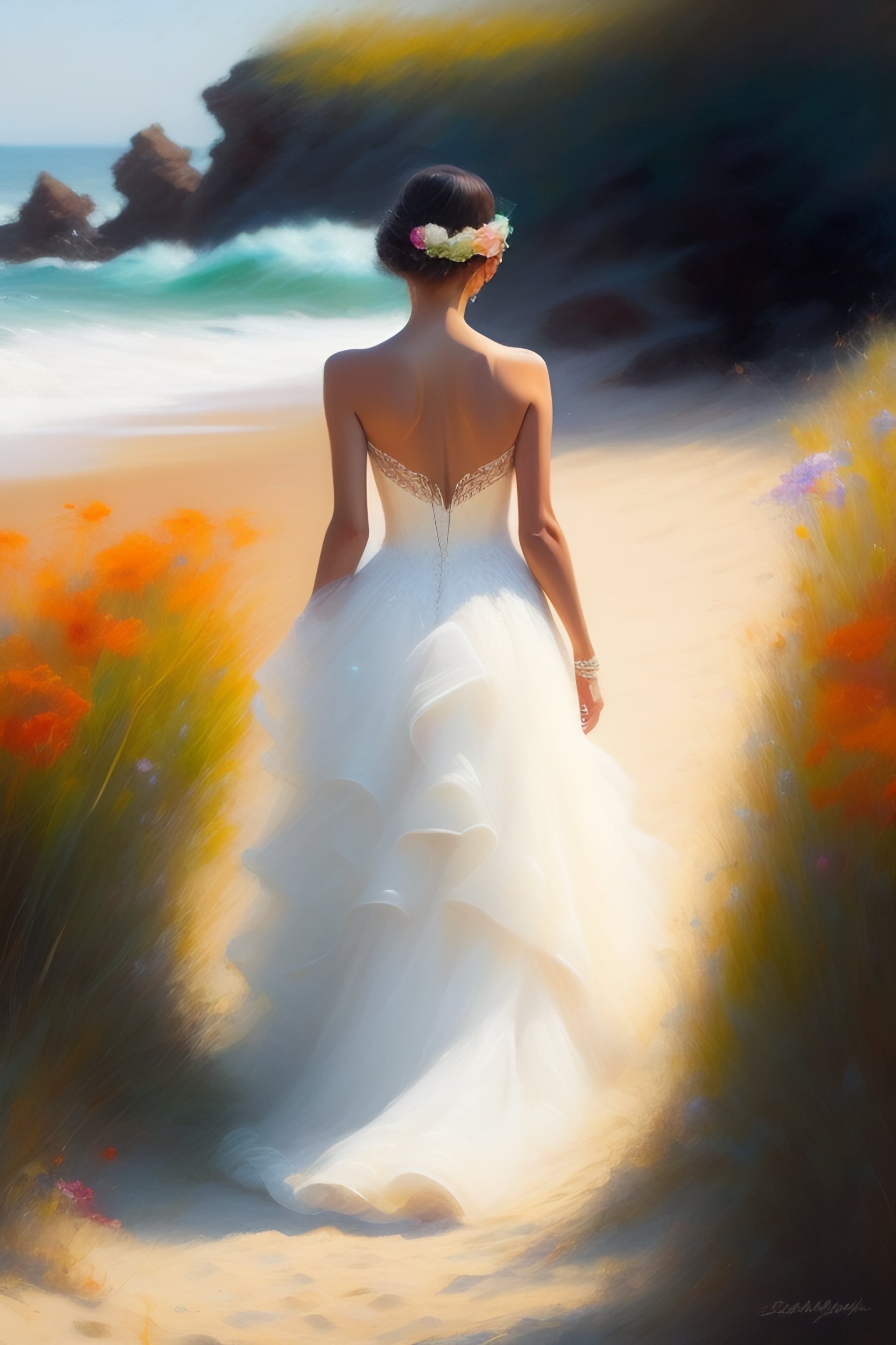 Lexica - Debutante long white wedding dress walking away from camera ...