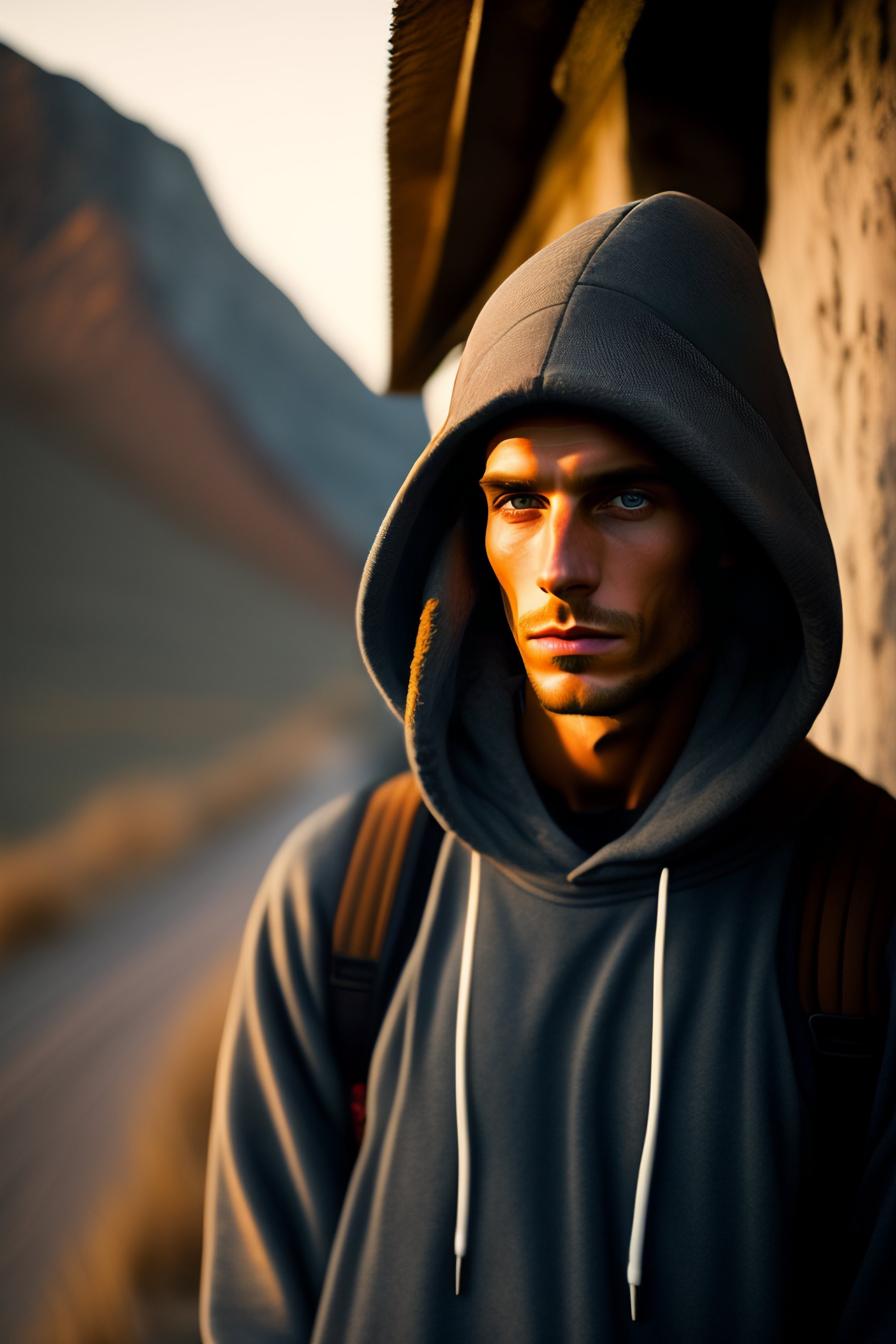 Lexica - Vertical film shot, junkie guy, wearing a hoodie on his head ...