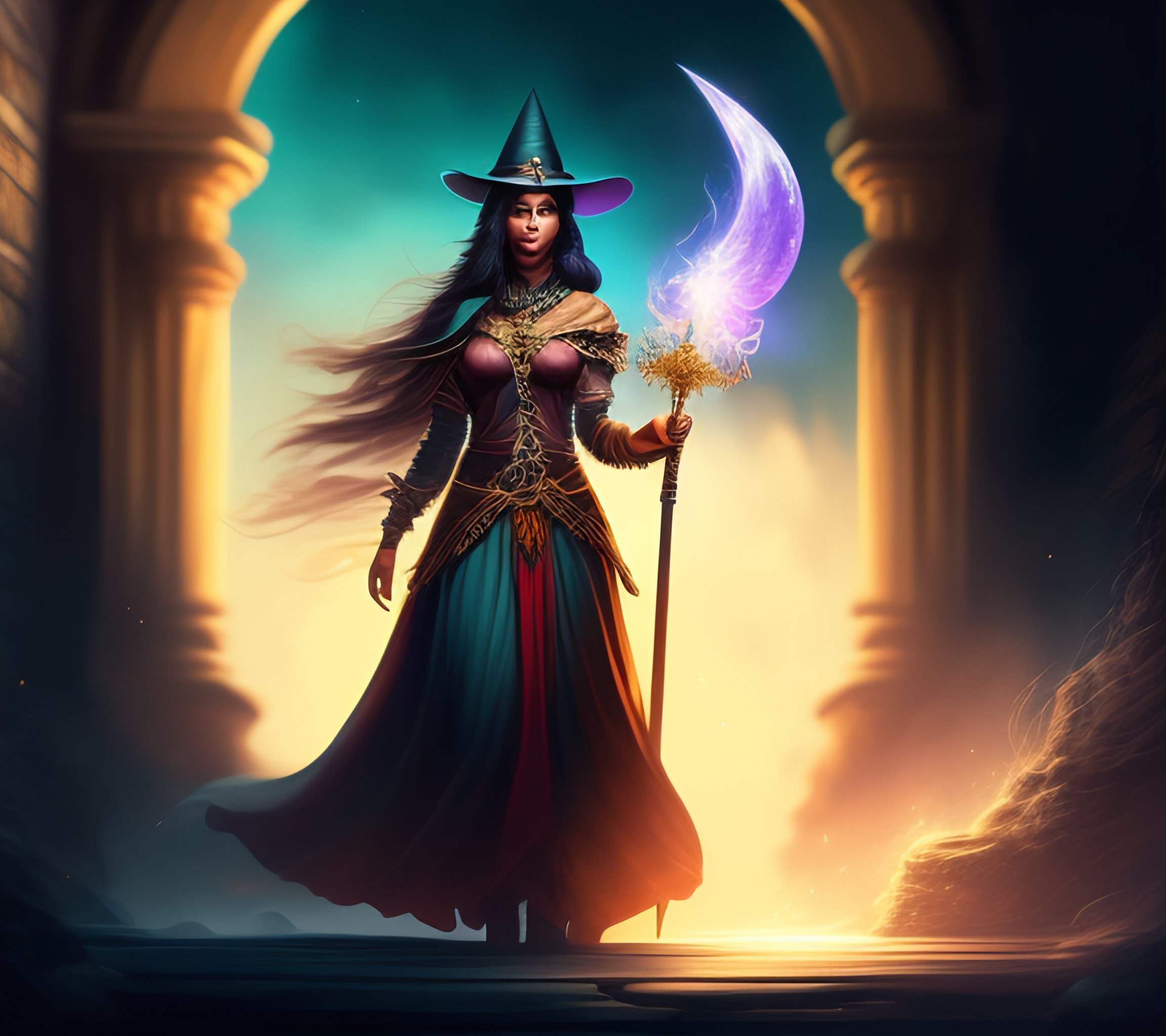 Lexica - Top down full body view of a witch holding a staff and casting ...