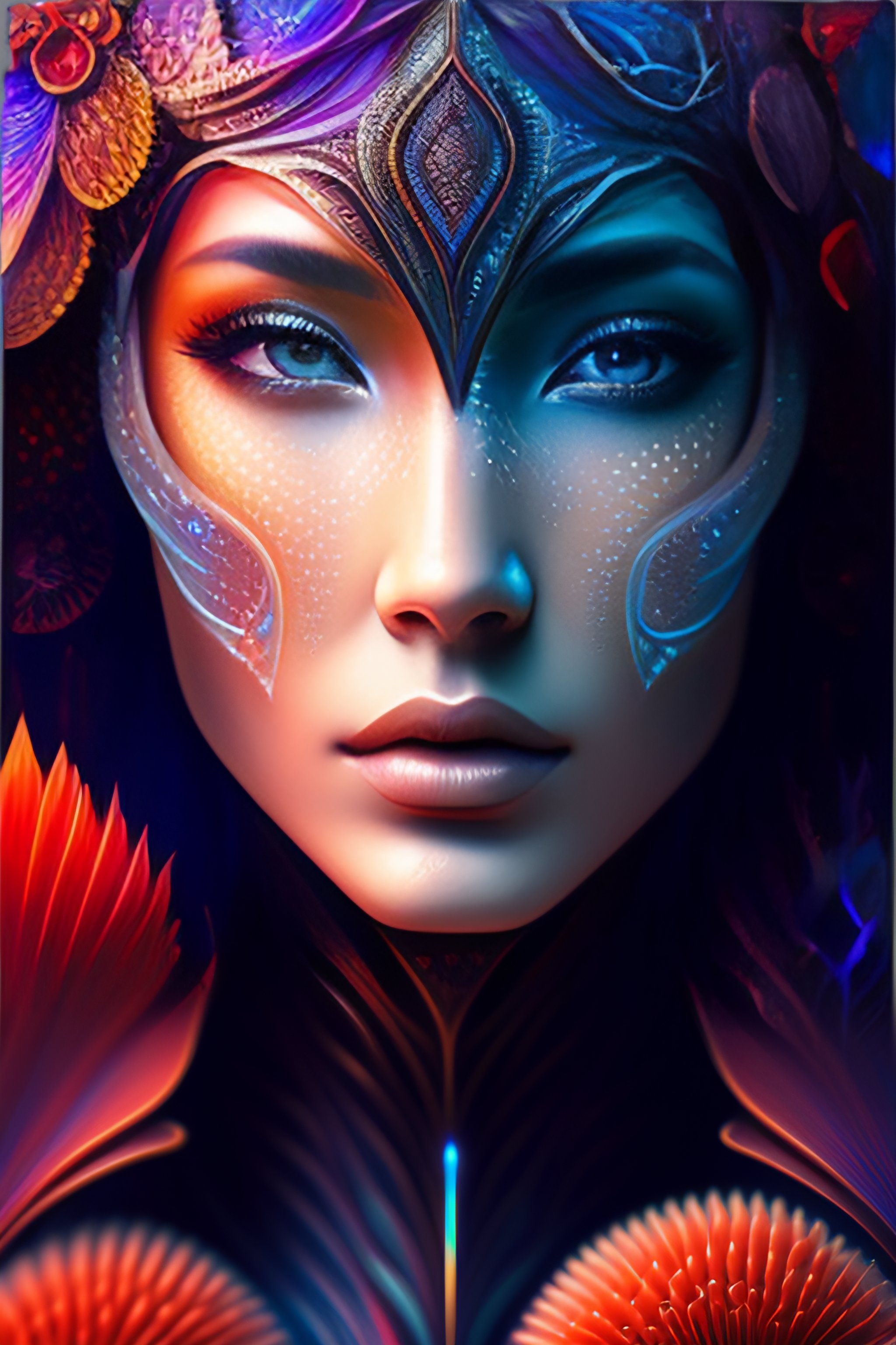 Lexica - Face of a Acient Wizard, centered, corals, plume made of ...