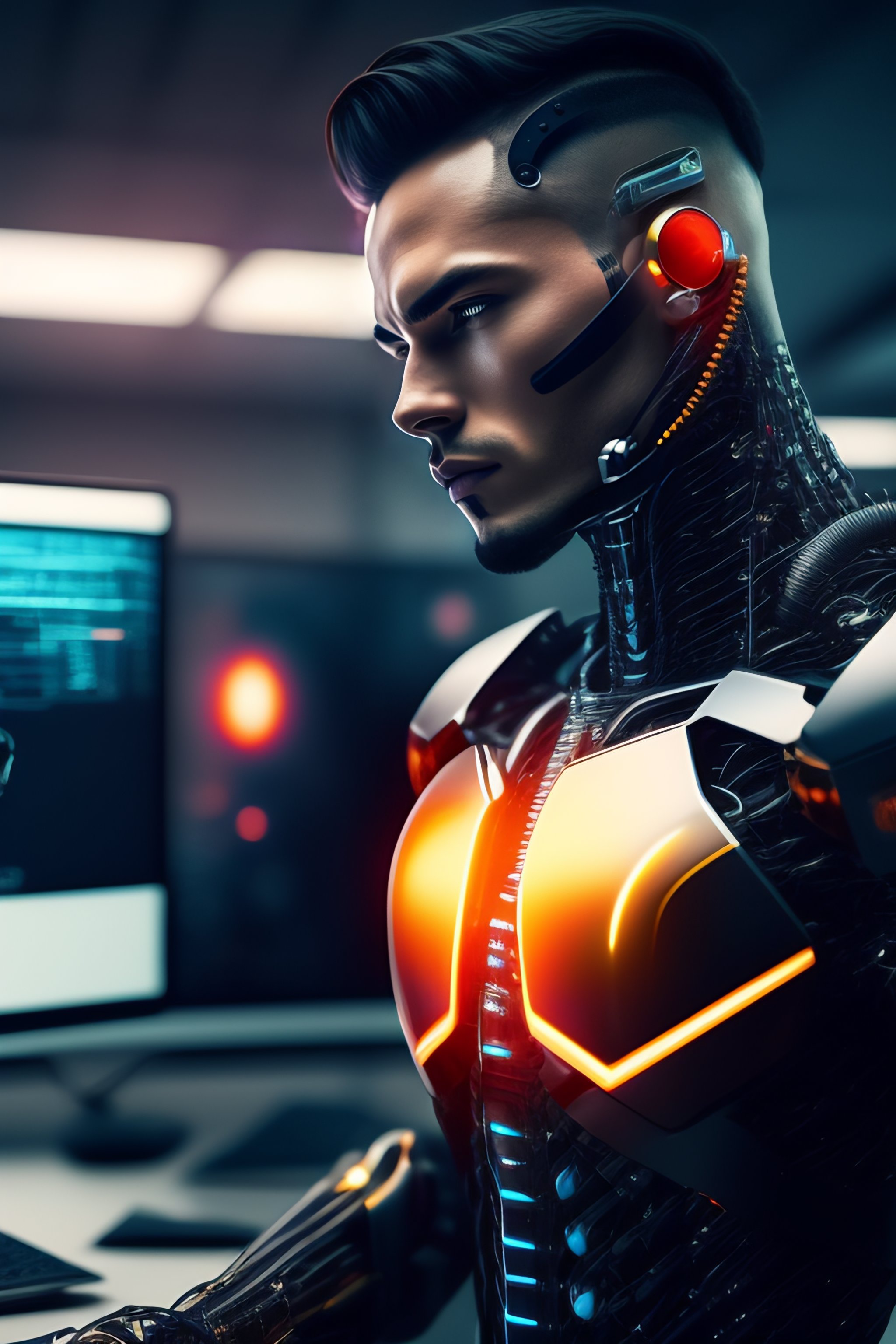 Lexica - Cyborg robotic man office look with suit in front of a ...