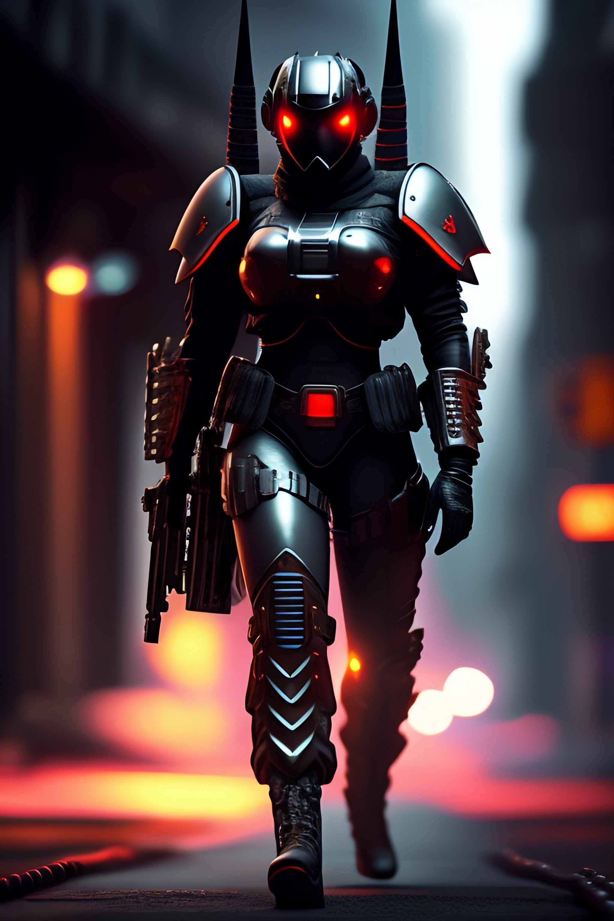 Lexica - Military devil with a machine gun walking with a bionic face ...