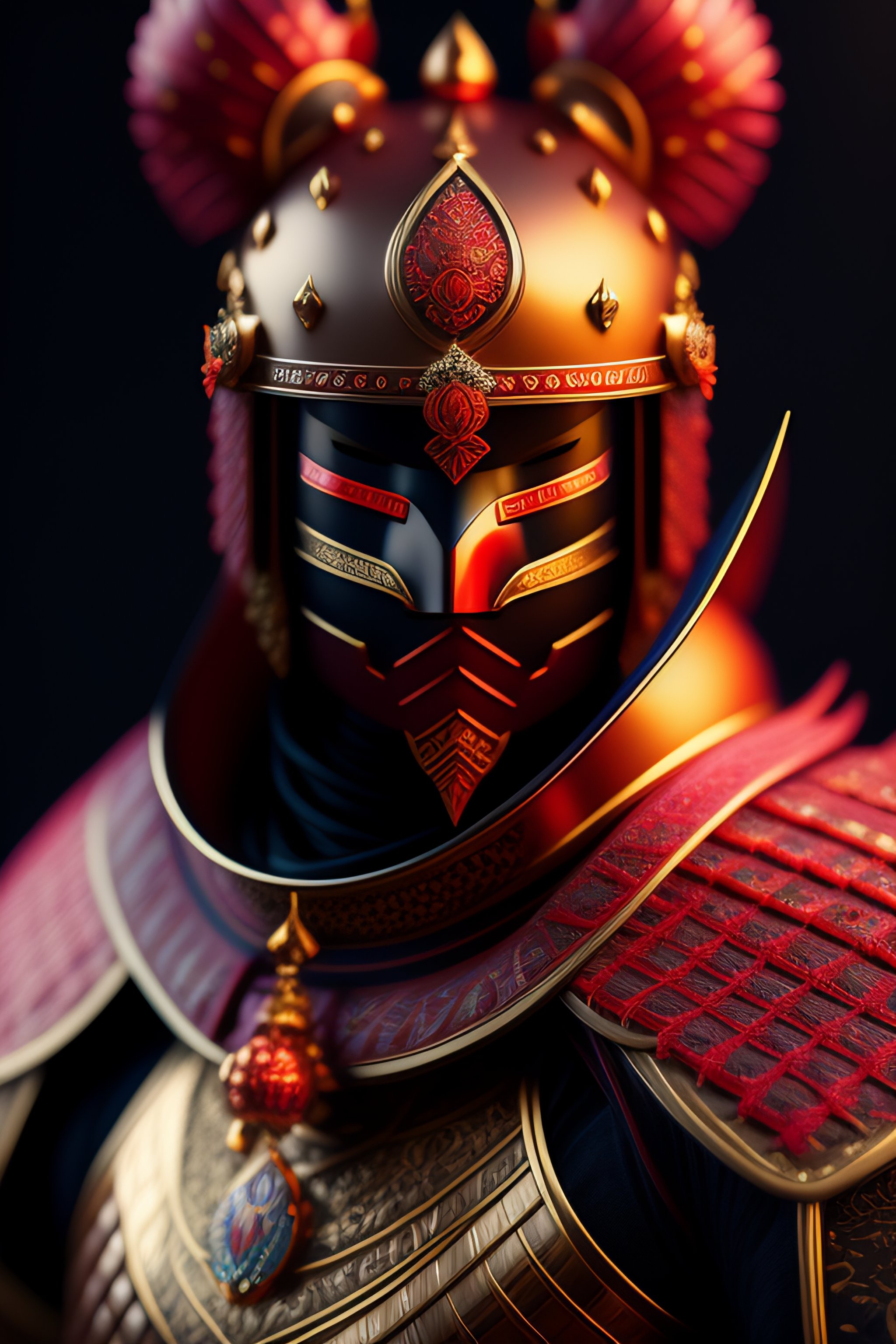 Lexica - Samurai armor, ornament mask, porcelain, wood, vivid colors ...