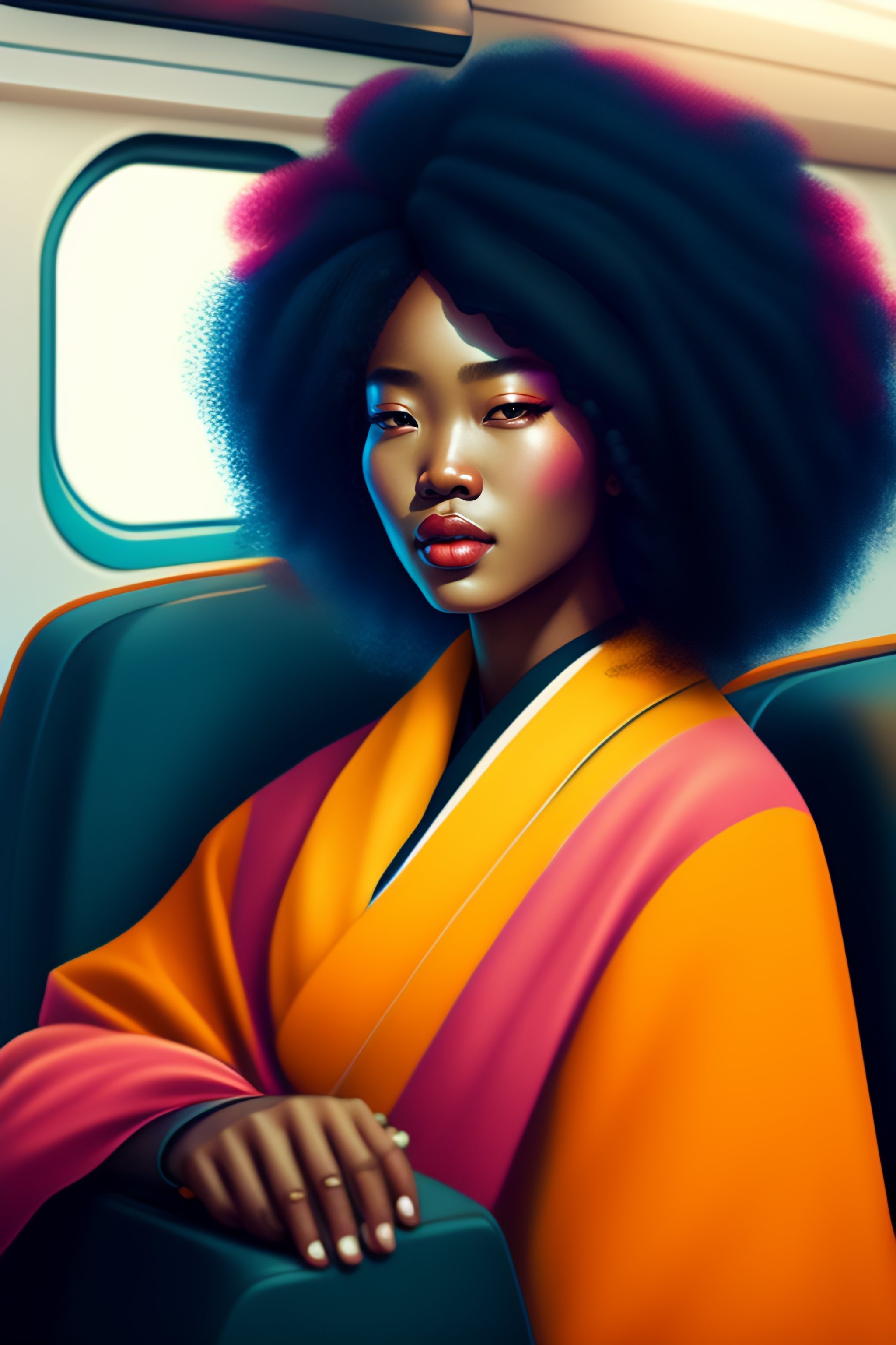 Lexica - Beautiful korean-african woman with afro hair sitting in first ...