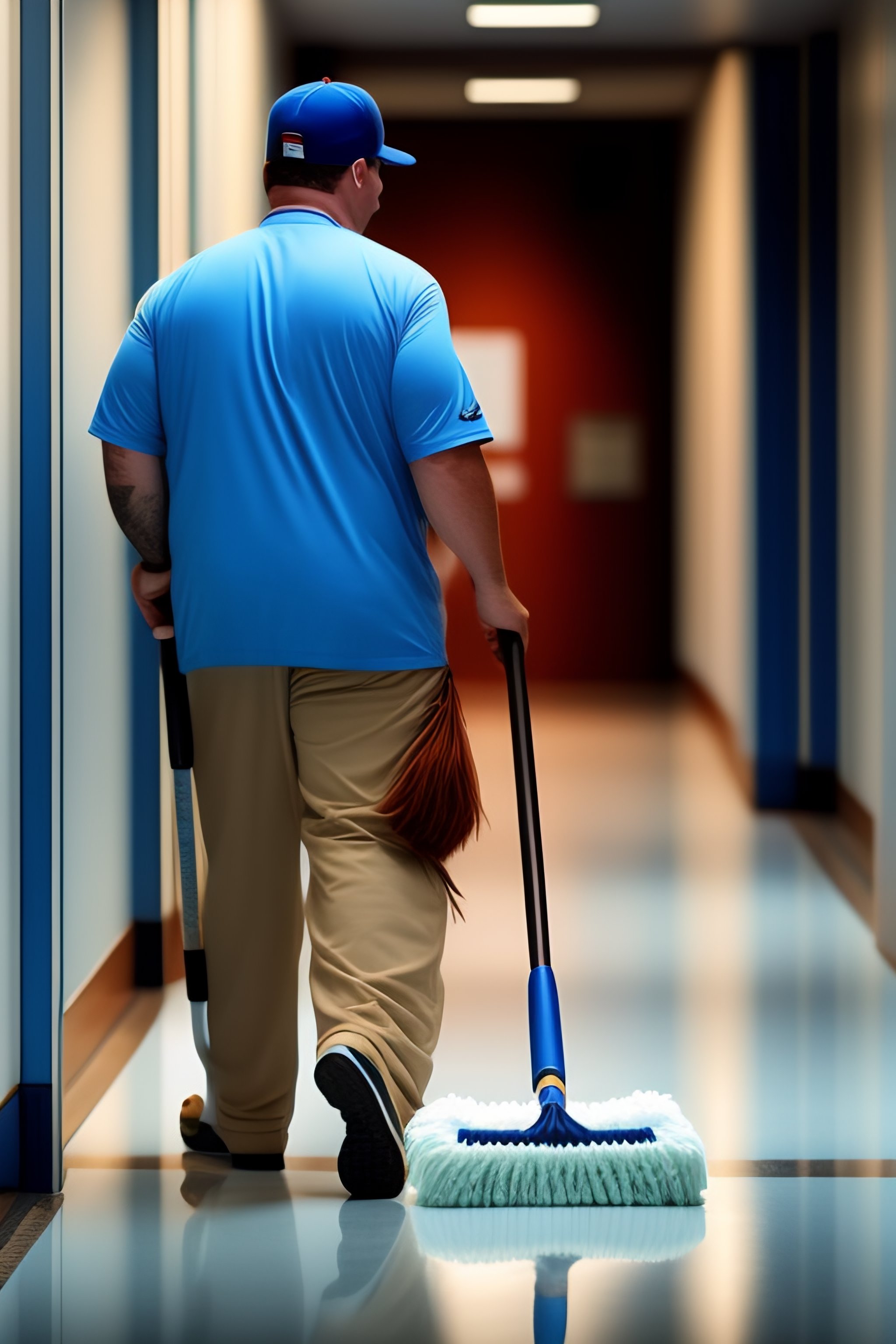 Lexica - White male janitor mopping school hallway floor, thick build ...