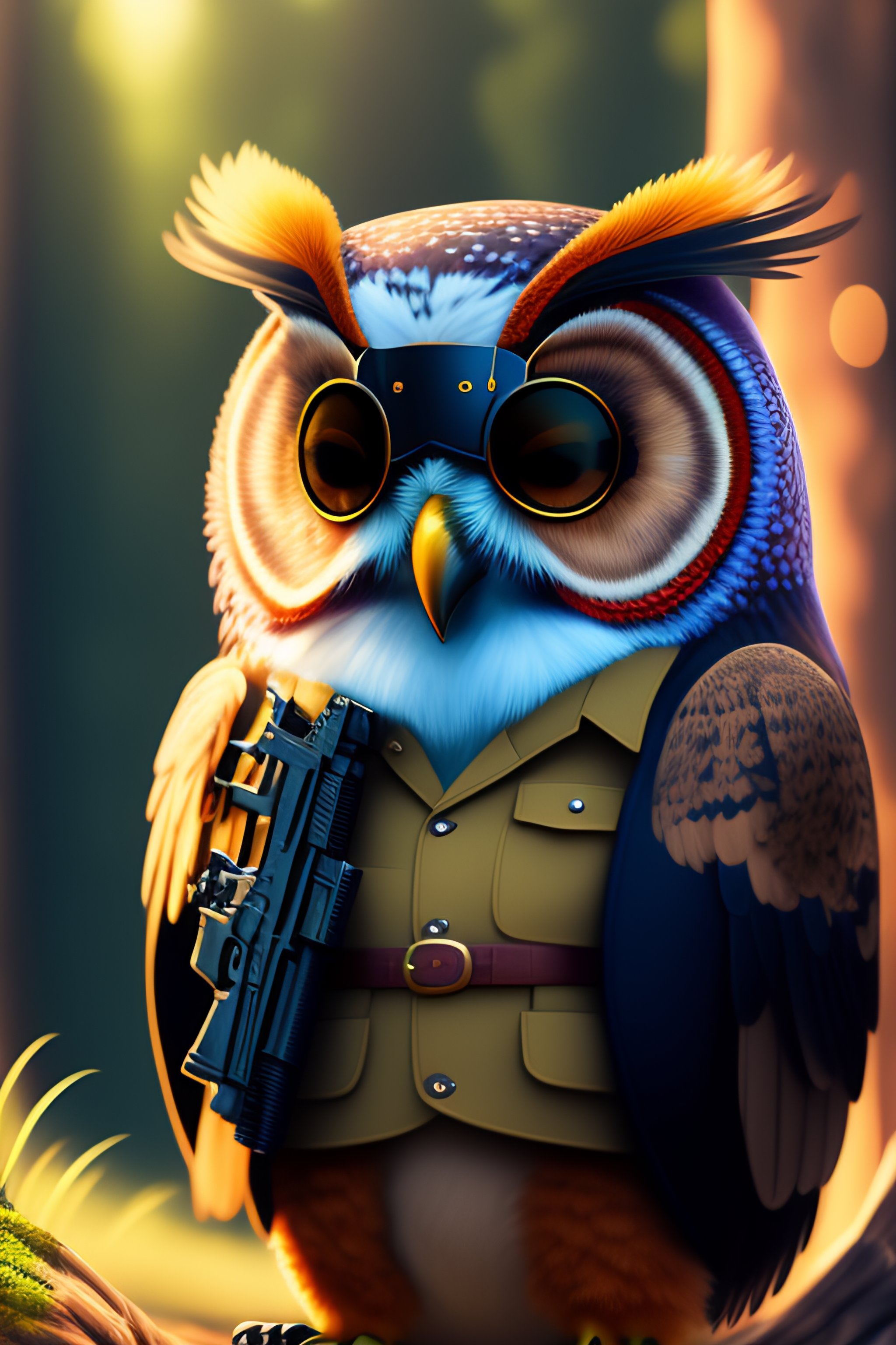 Lexica - Cool owl, holding a gun, sunglasses, tailored costume ...