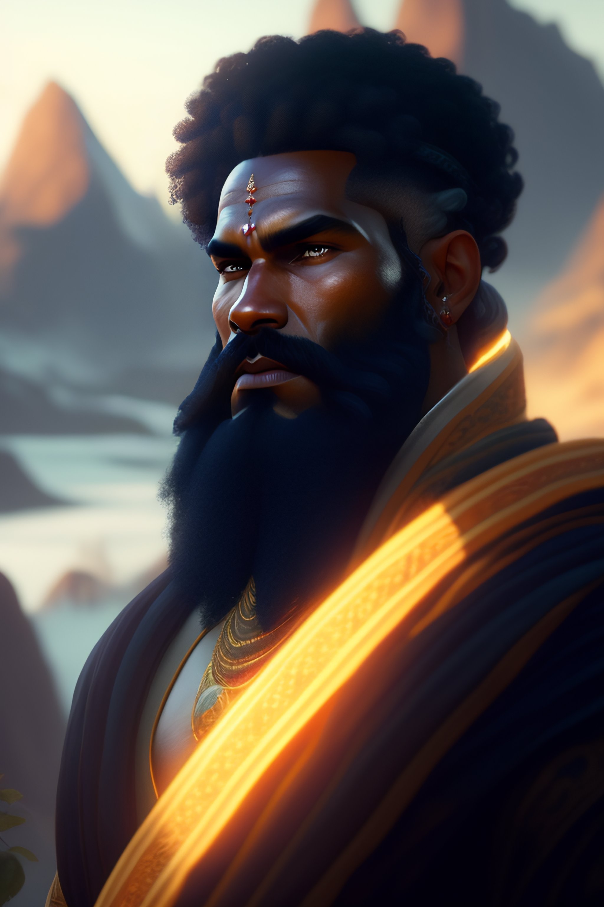 Lexica - Brahmin monk with black hair curly, black beard, serious face ...