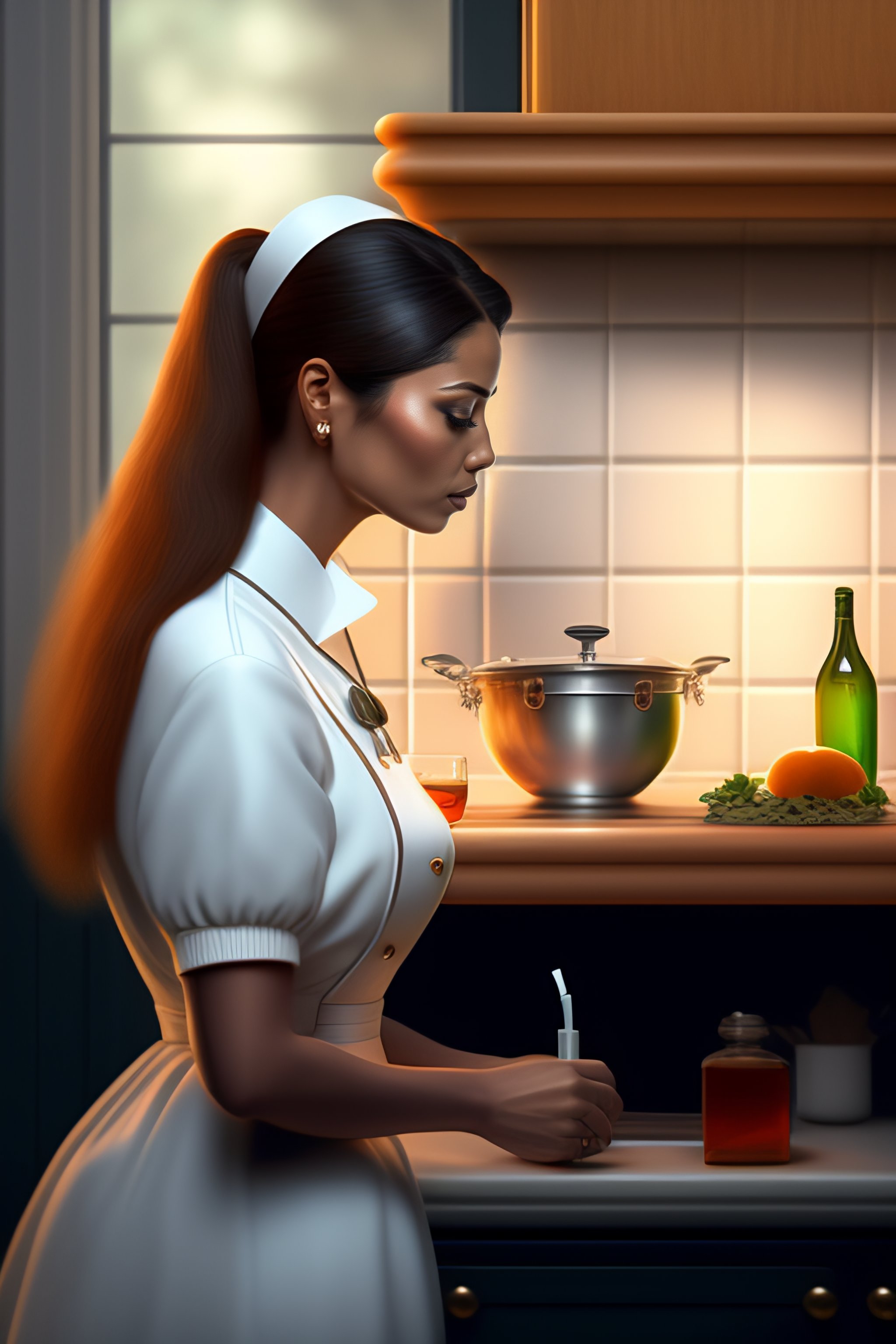 Lexica - A realistic digital art with A woman in a maid's outfit sniffs ...