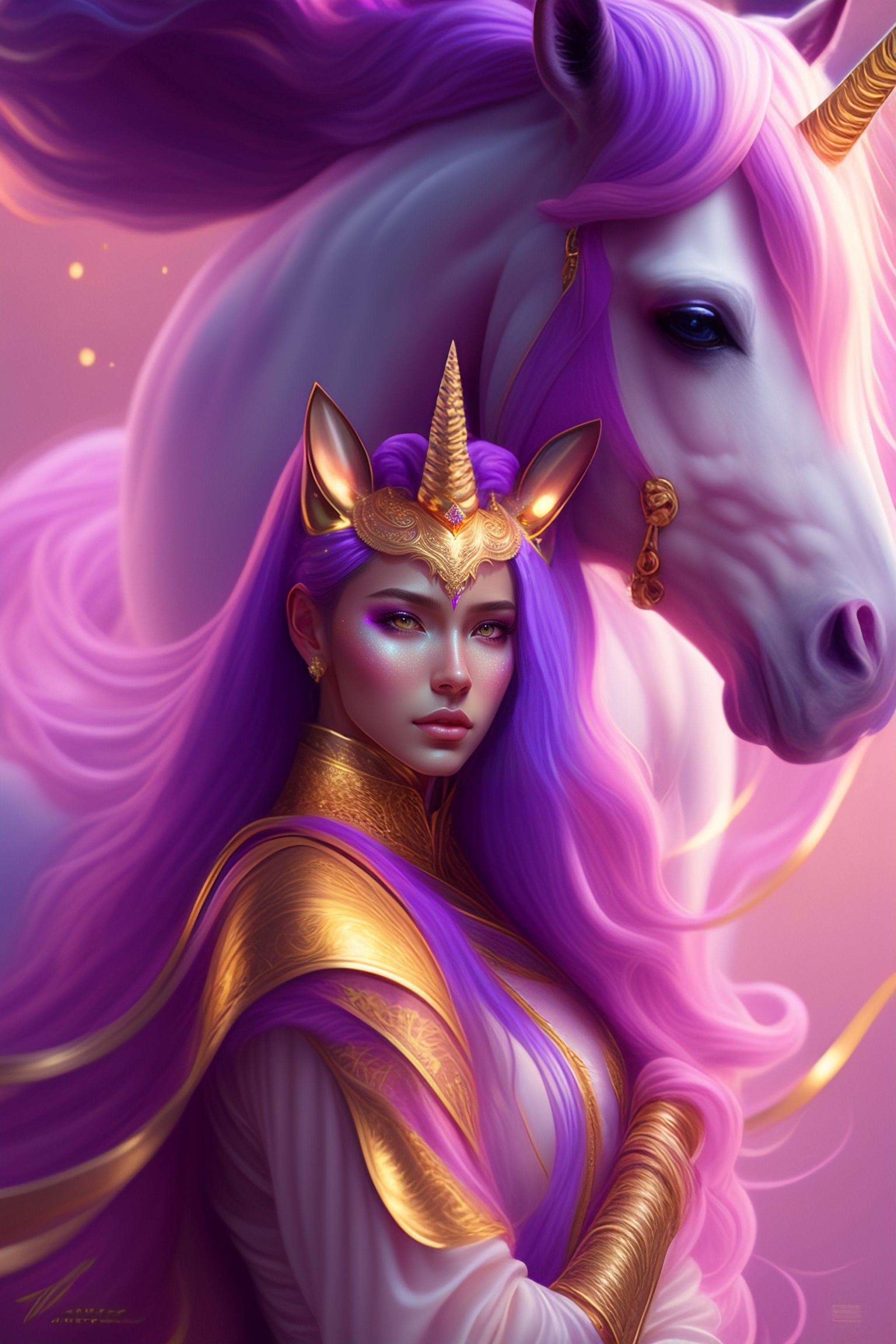 Lexica - Beautiful Unicorn in gold and purple pink soft lighting, symmetrical portrait, high ...