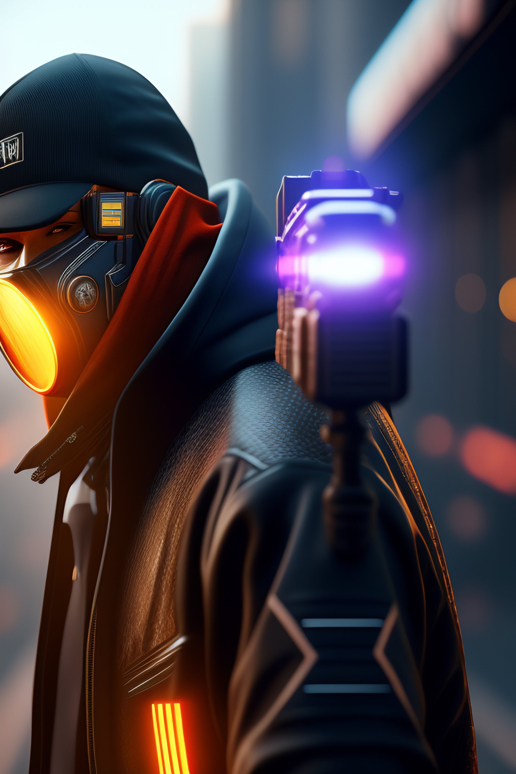 Lexica - Futeristic cyberpunk masked assassin, shooting gun, hyper ...