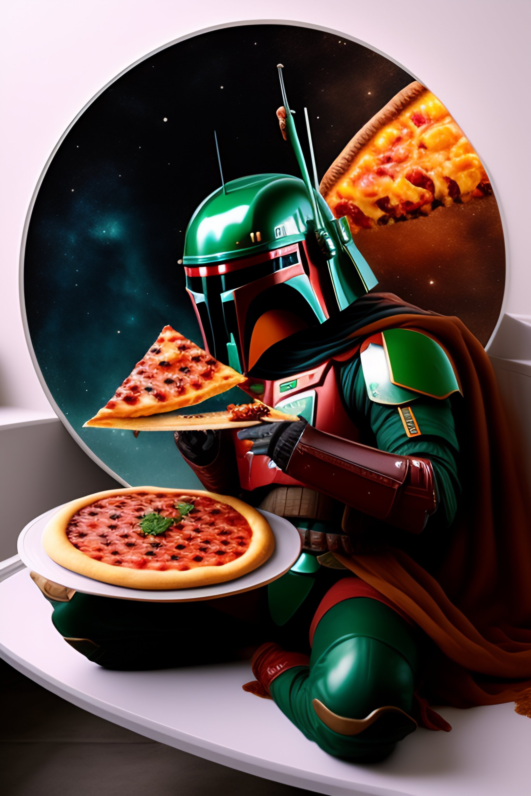 Lexica - Boba Fett eating pizza in the space
