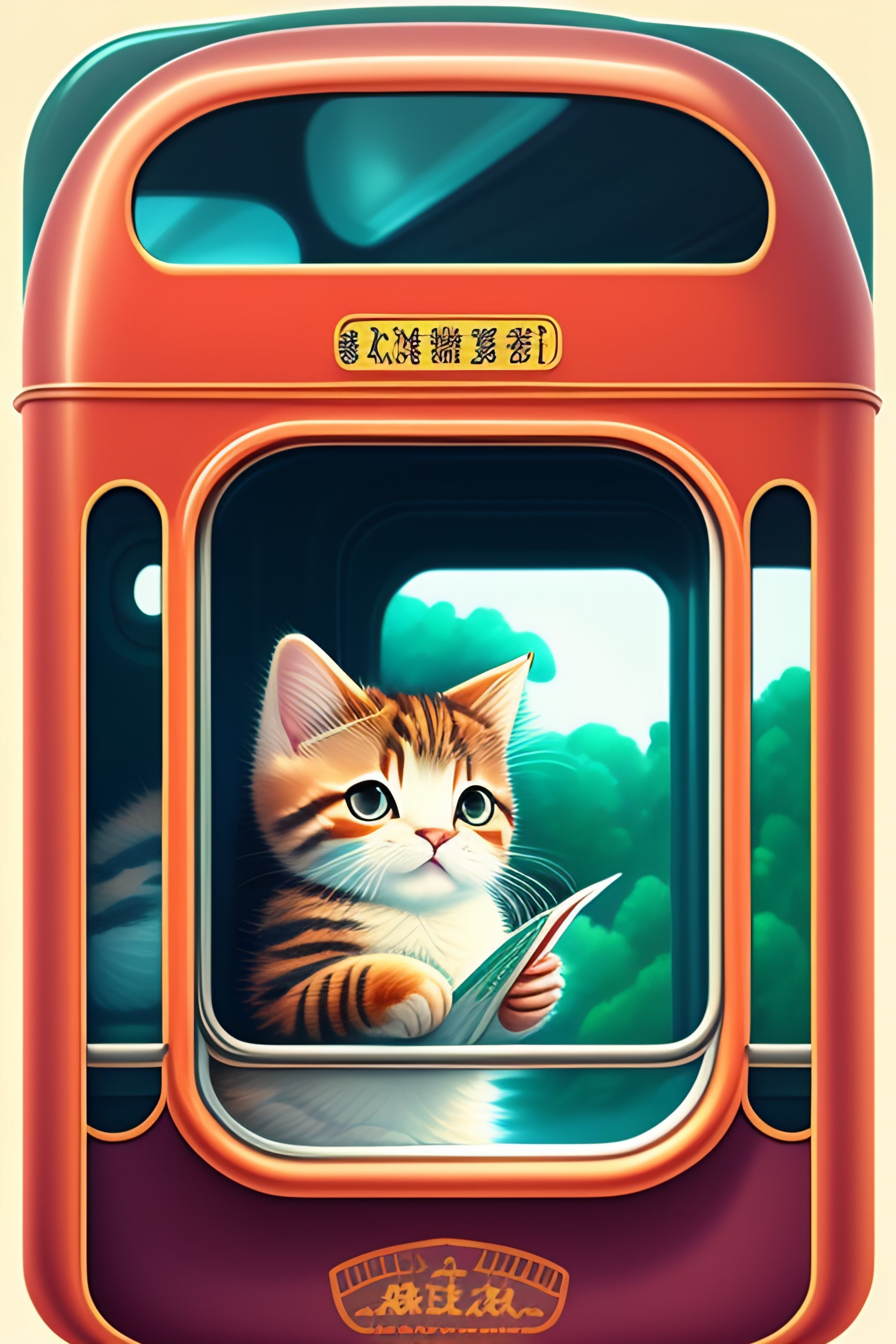 Lexica - Cute kitten beside totoro. reading newspaper in the bus, with ...