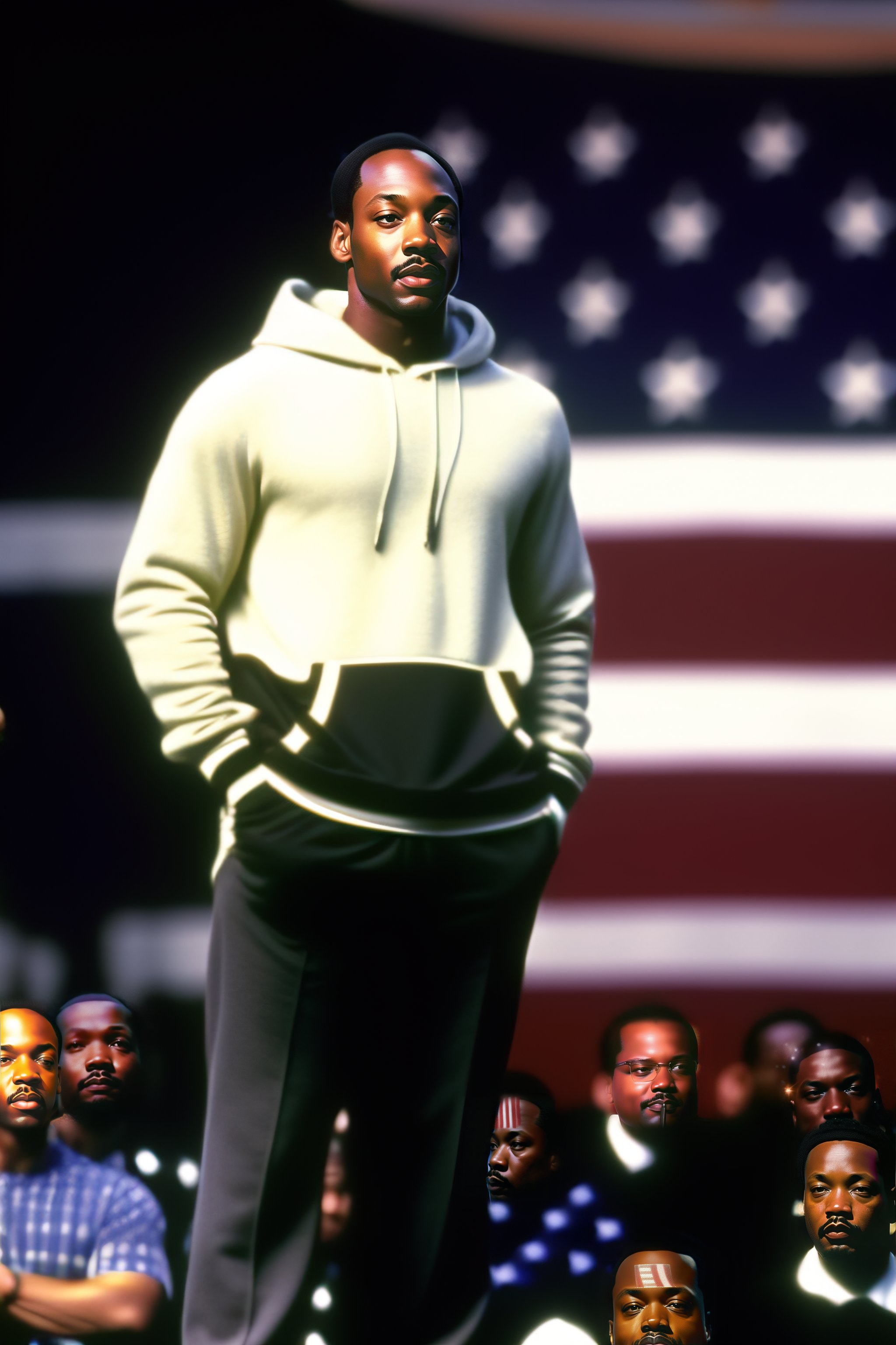 Lexica - Tobey Maguire in a hoodie and american flag running shorts and ...