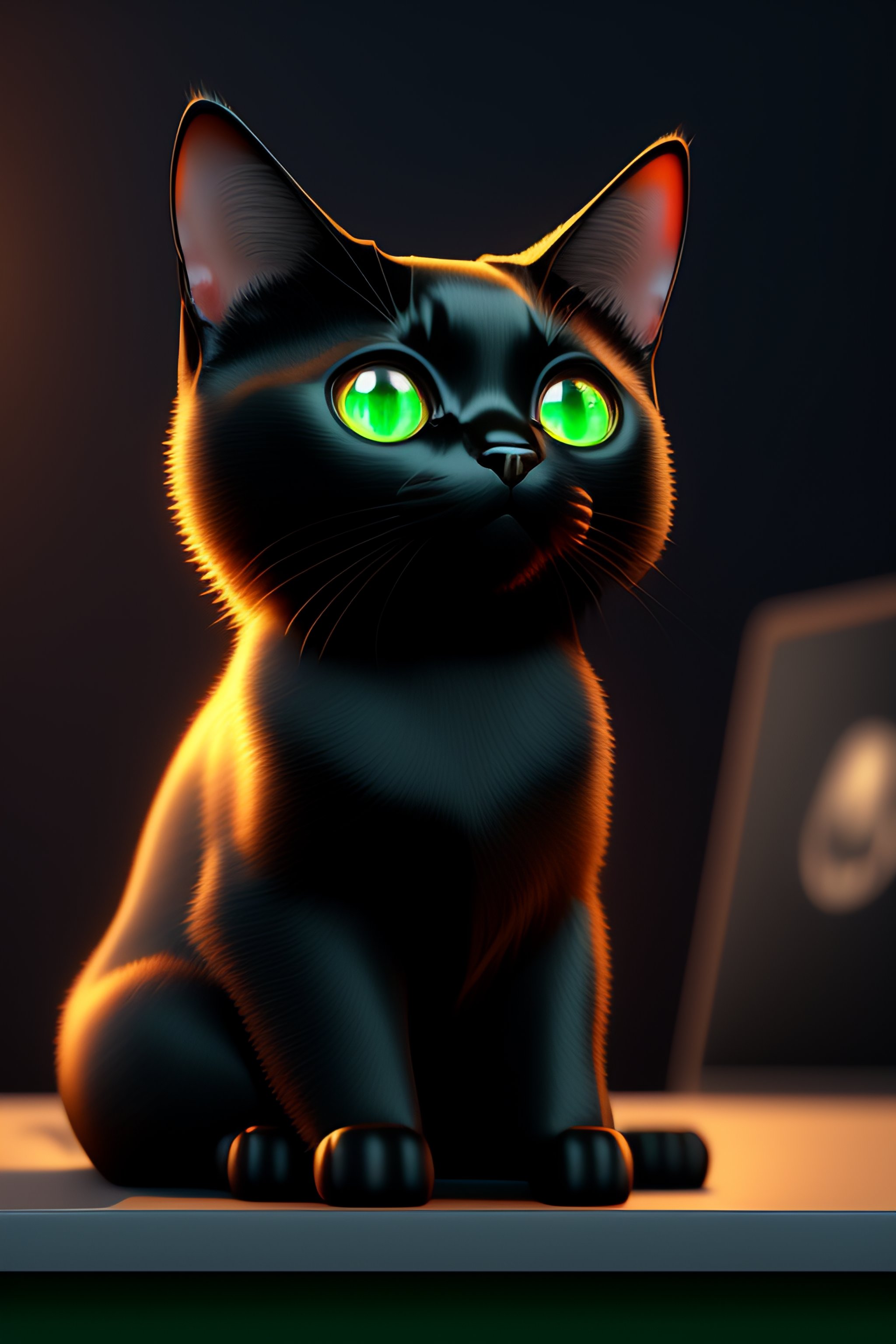 Lexica - Cute small humanoid total black cat green eyes sitting in ...