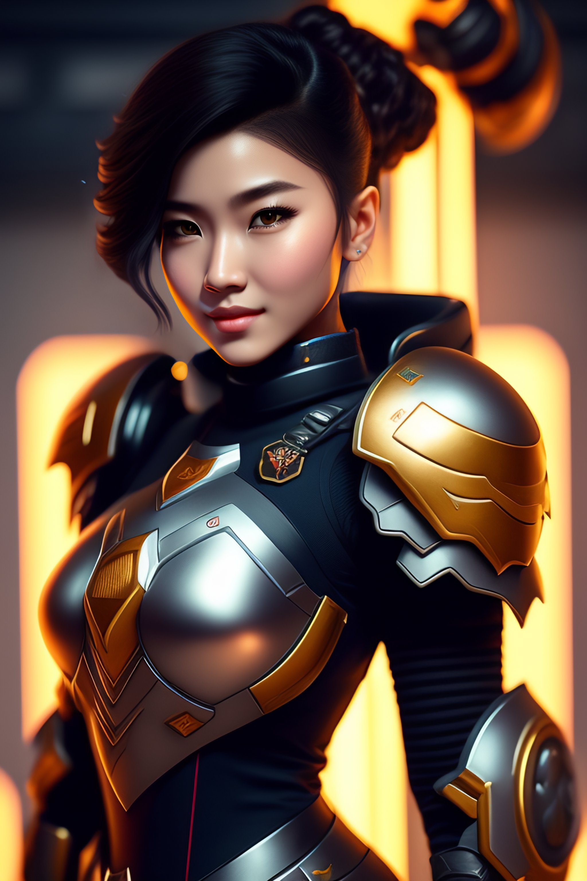 Lexica - A girl with a robotic armor and a black mace, overwatch style