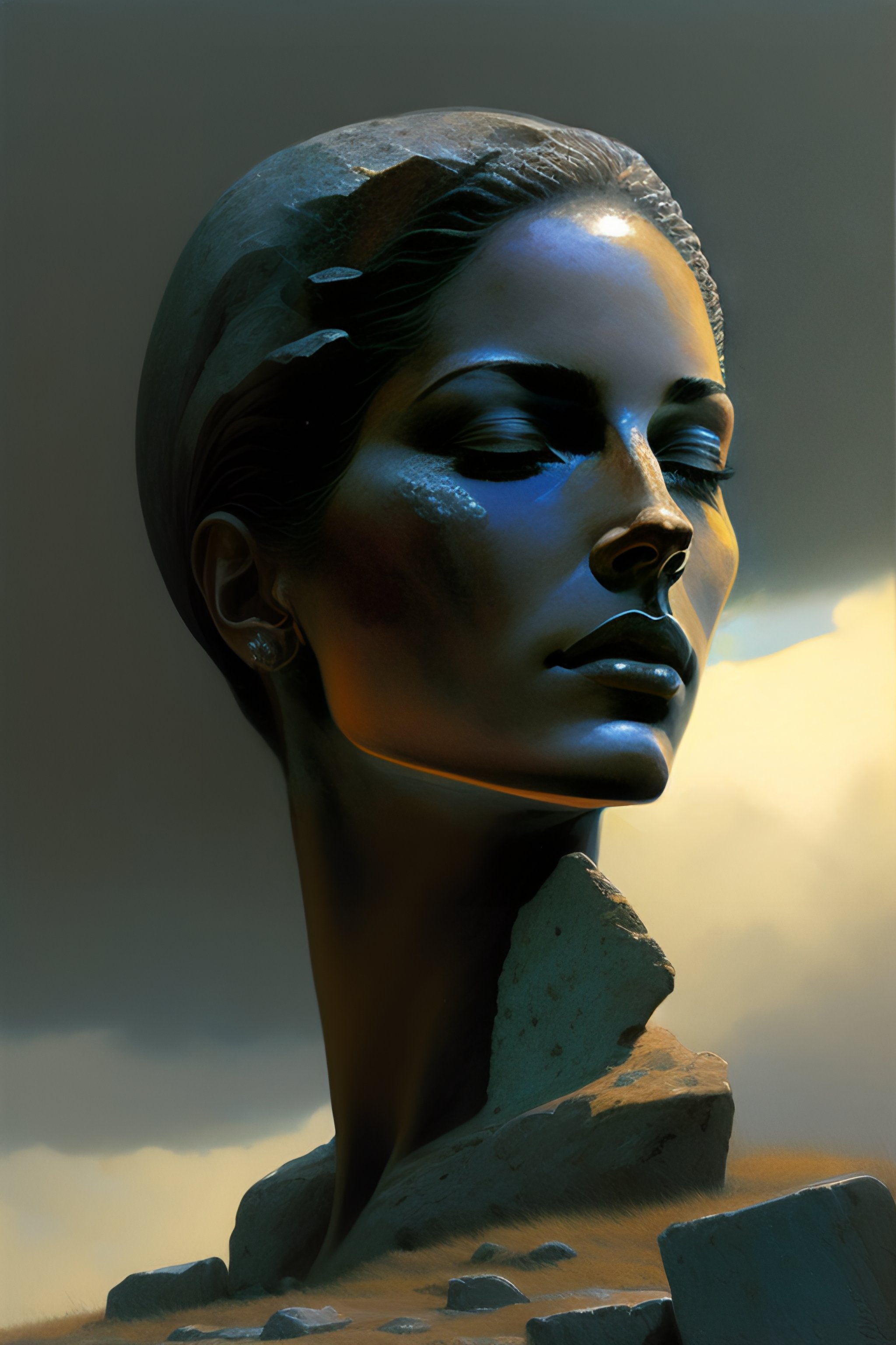 Lexica - Stone bust of woman, long neck, eyes closed, (skin made of ...