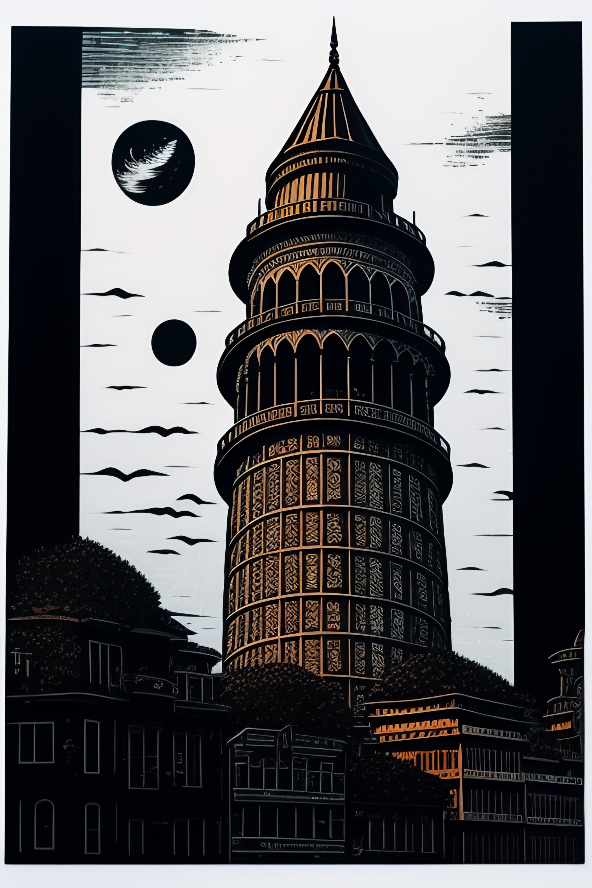 Lexica - An ultra detailed linocut of a lonely and impossibly tall ...