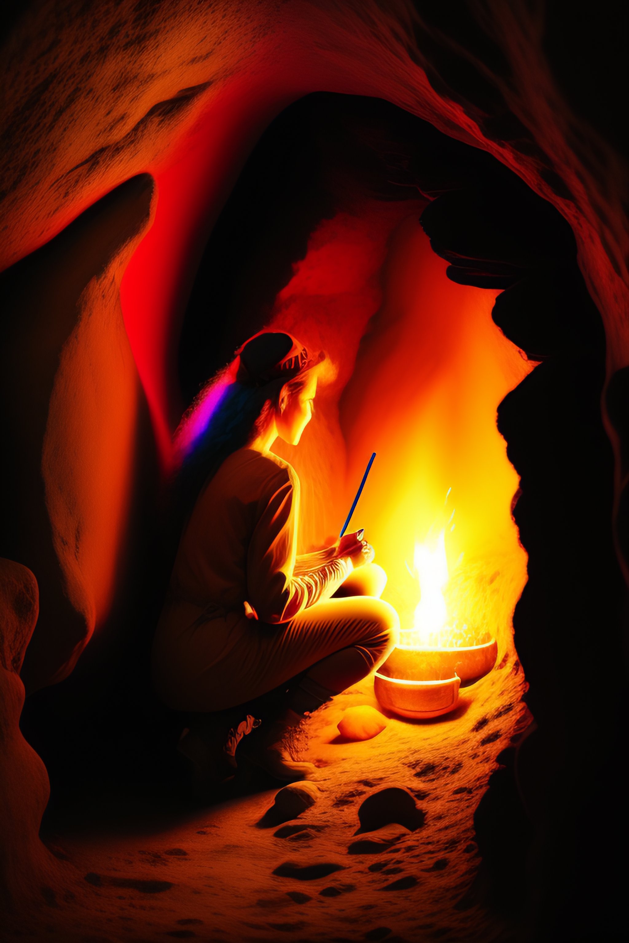 Lexica - REDHAID CAVEWOMAN IN THE DARK COLORFUL CAVE IS DRAWING ON THE WALL