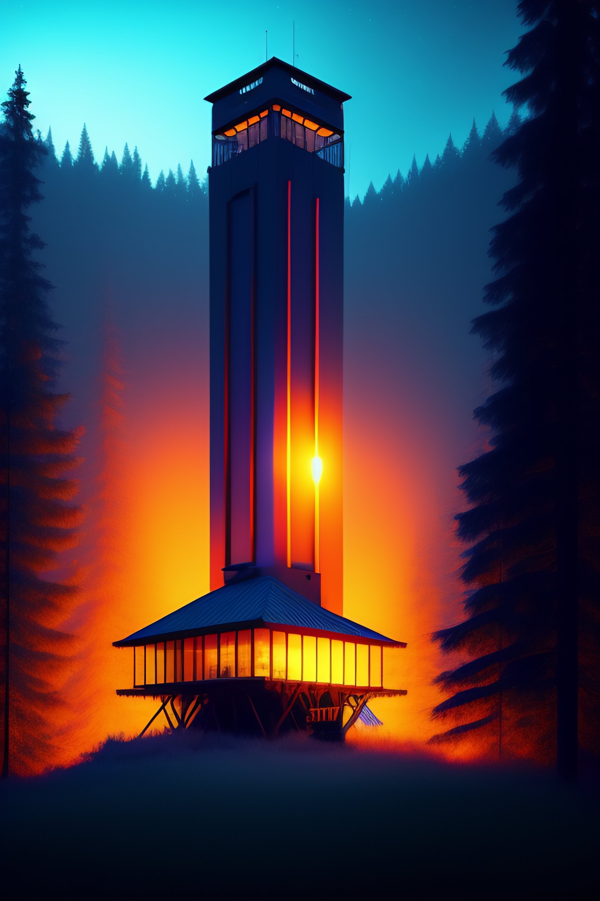 Lexica - A firewatch tower in the middle of the forest, in the night ...