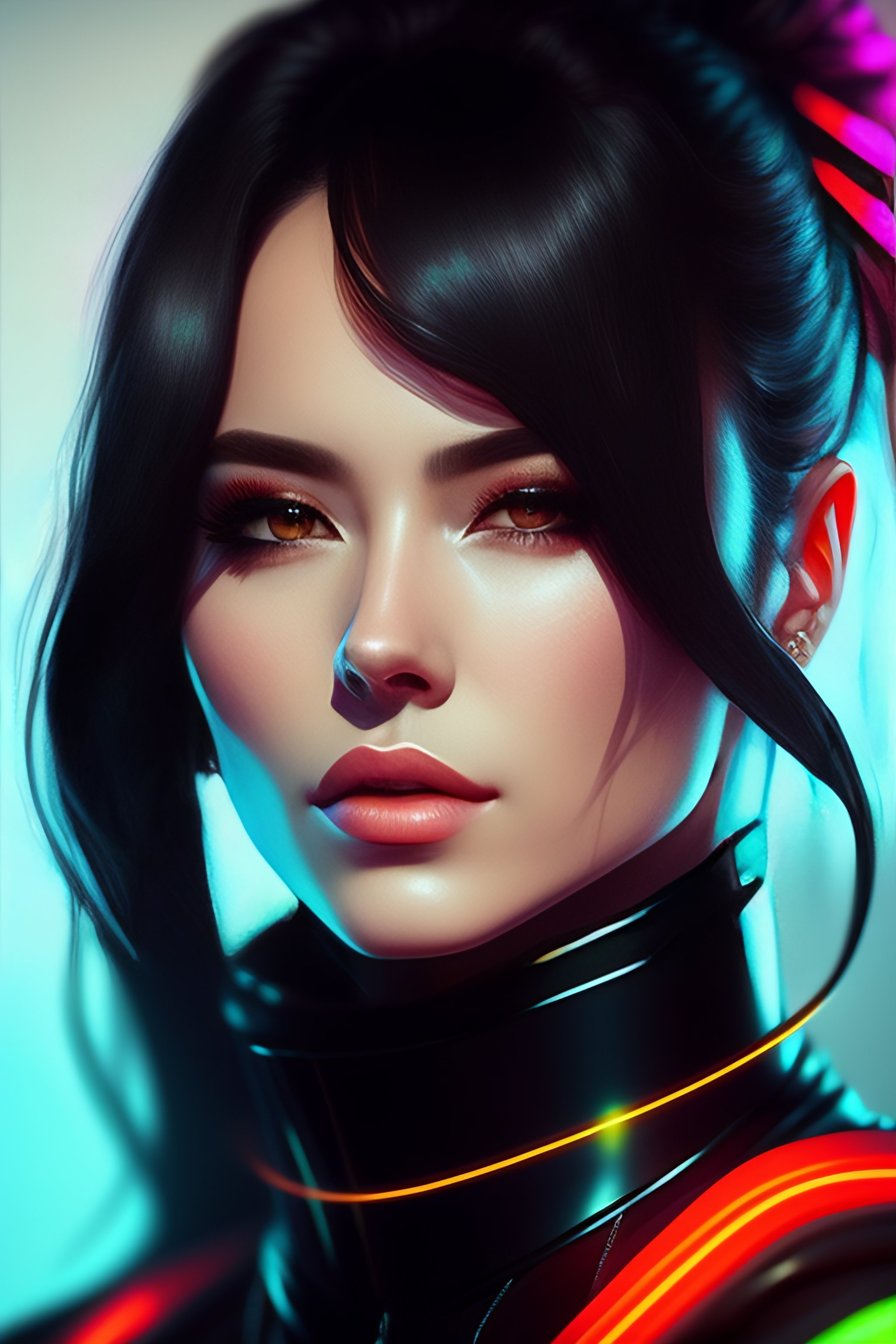 Lexica - Headshot artwork of cyberpunk woman wearing thick black choker ...