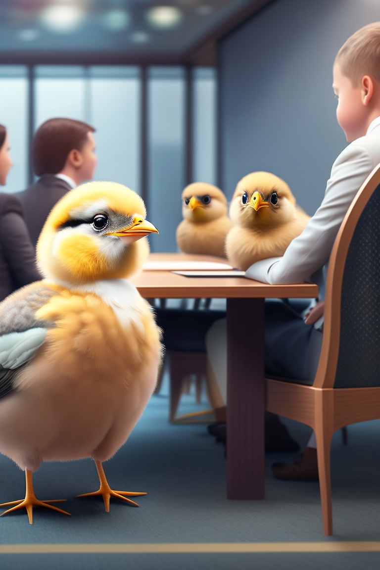 Lexica - A chick, dressed in a suit, is in a meeting room, sitting on a ...