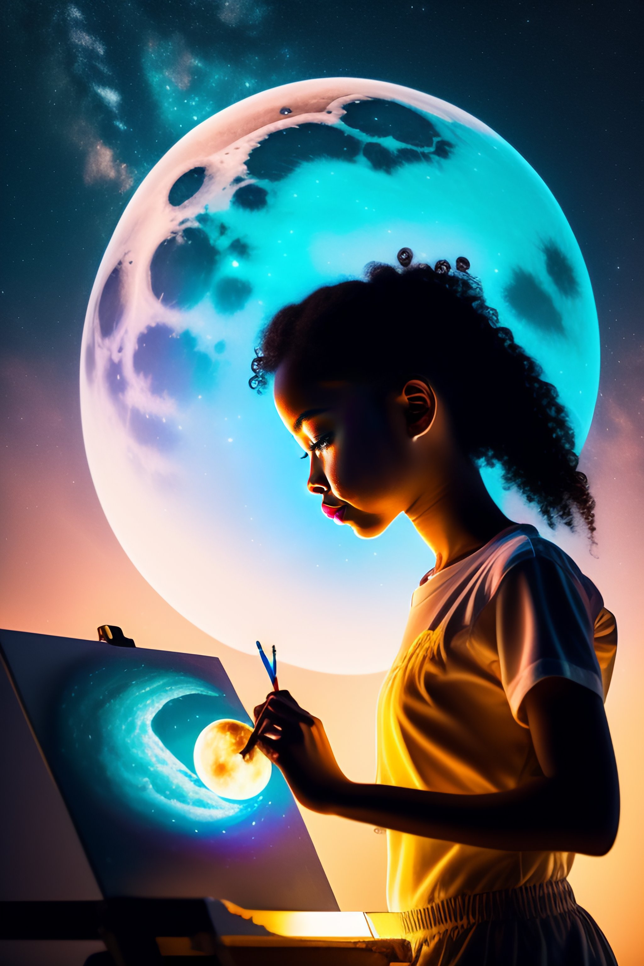 Lexica - A young adult mixed race woman painting the moon in the night sky