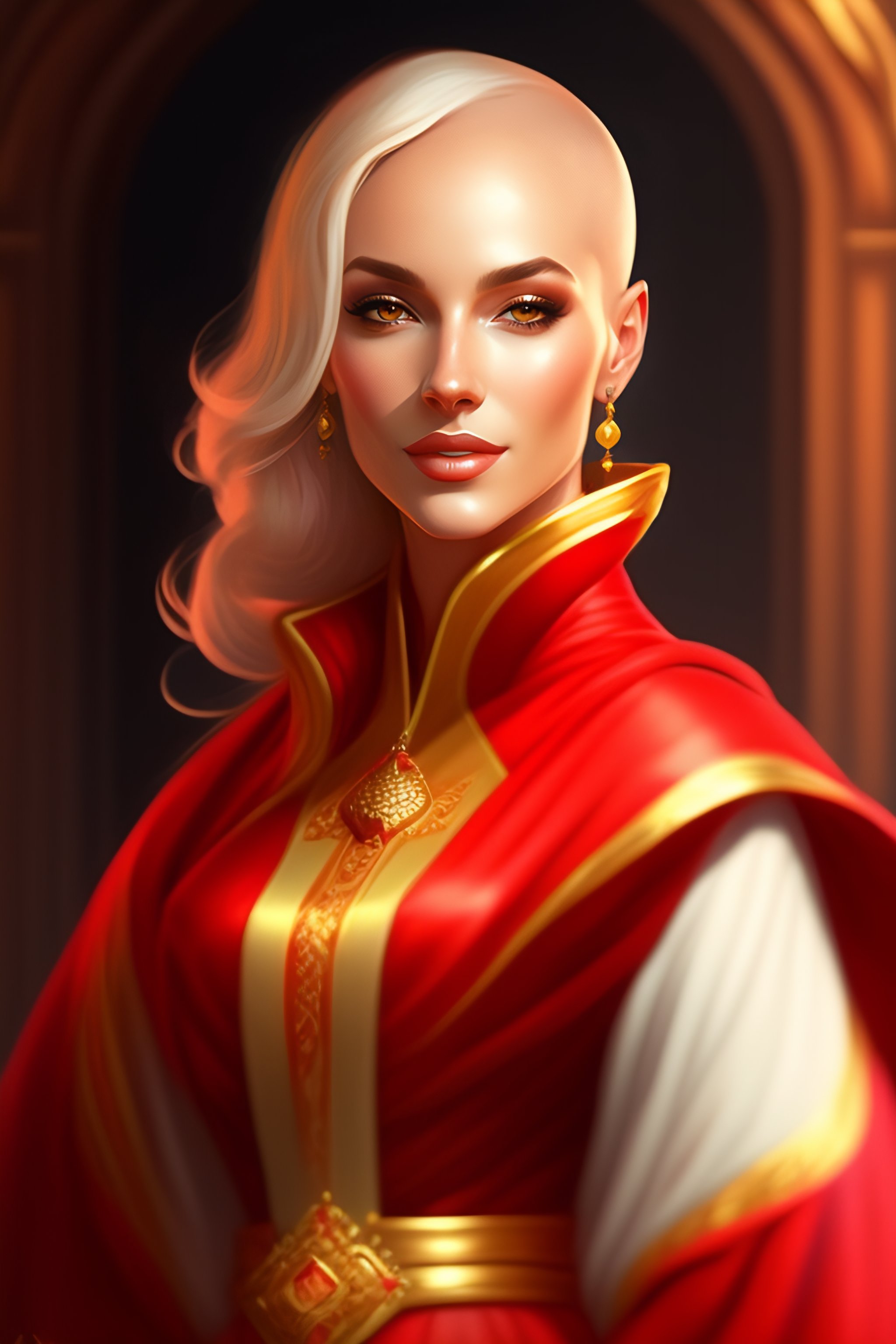Lexica - Bald white woman, red robes, coy smile, lots of gold, digital ...