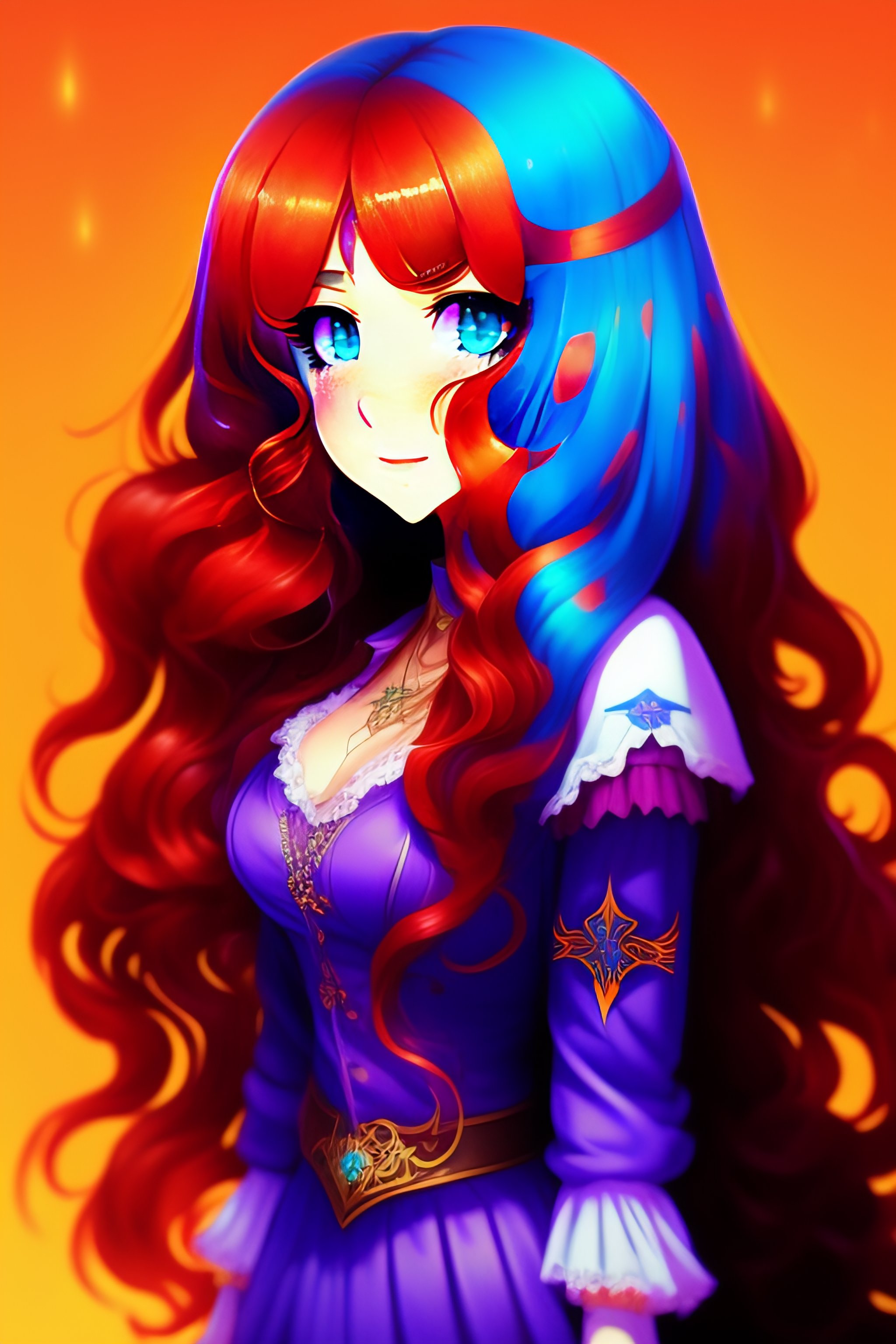 Lexica - Reddish orange, long curly hair with cyan highlights, with ...