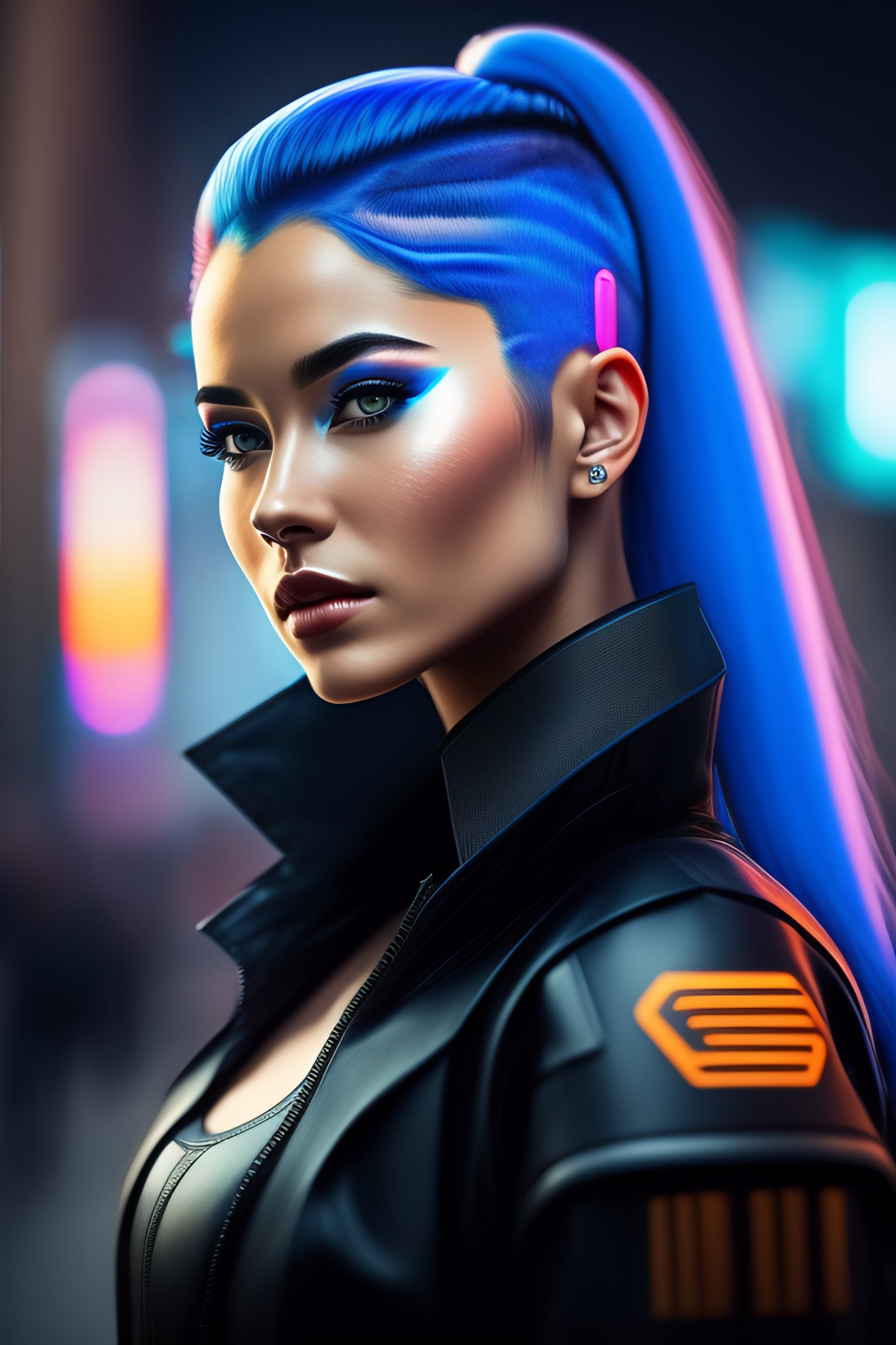 Lexica - A cyberpunk girl with strip bule hair, realistic, portrait