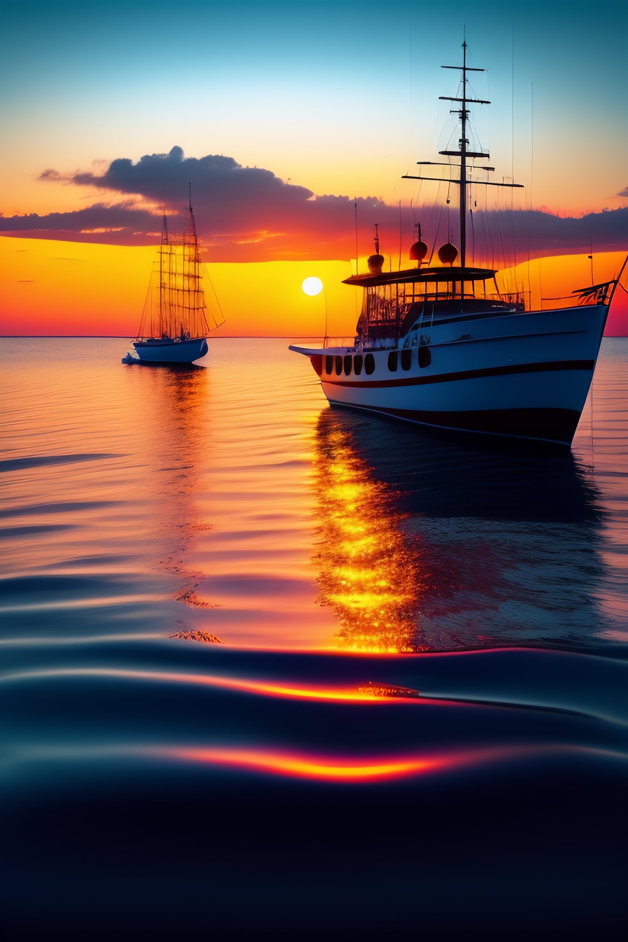 Lexica - Lots of boats, sunset in background, realistic, blue sea, 8k ...