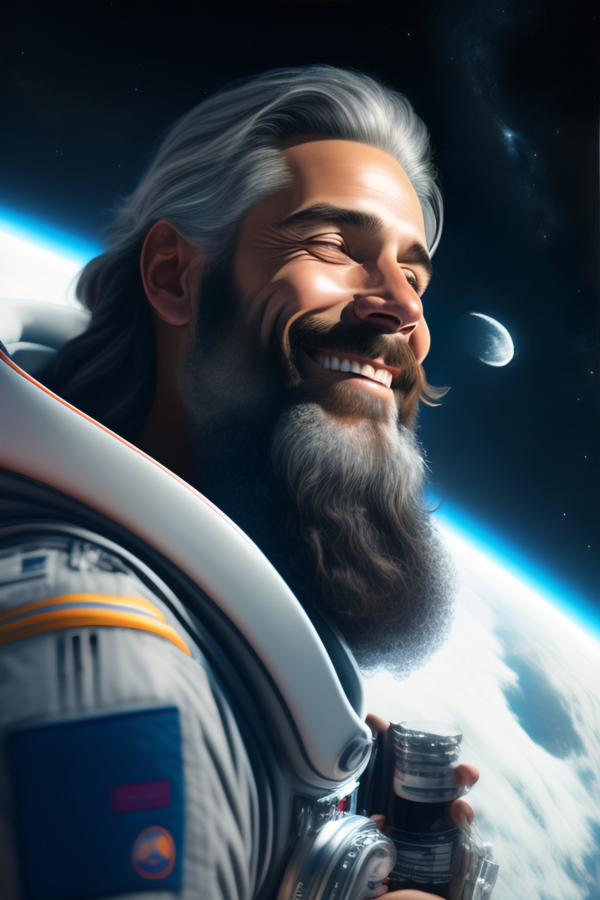 Lexica - Portrait of a smiling male gray long hair and beard astronaut ...