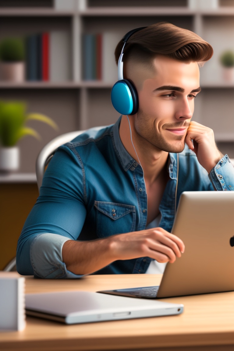 Lexica - Ear board, office table, adult boy,smart ,fair ,with laptop ...