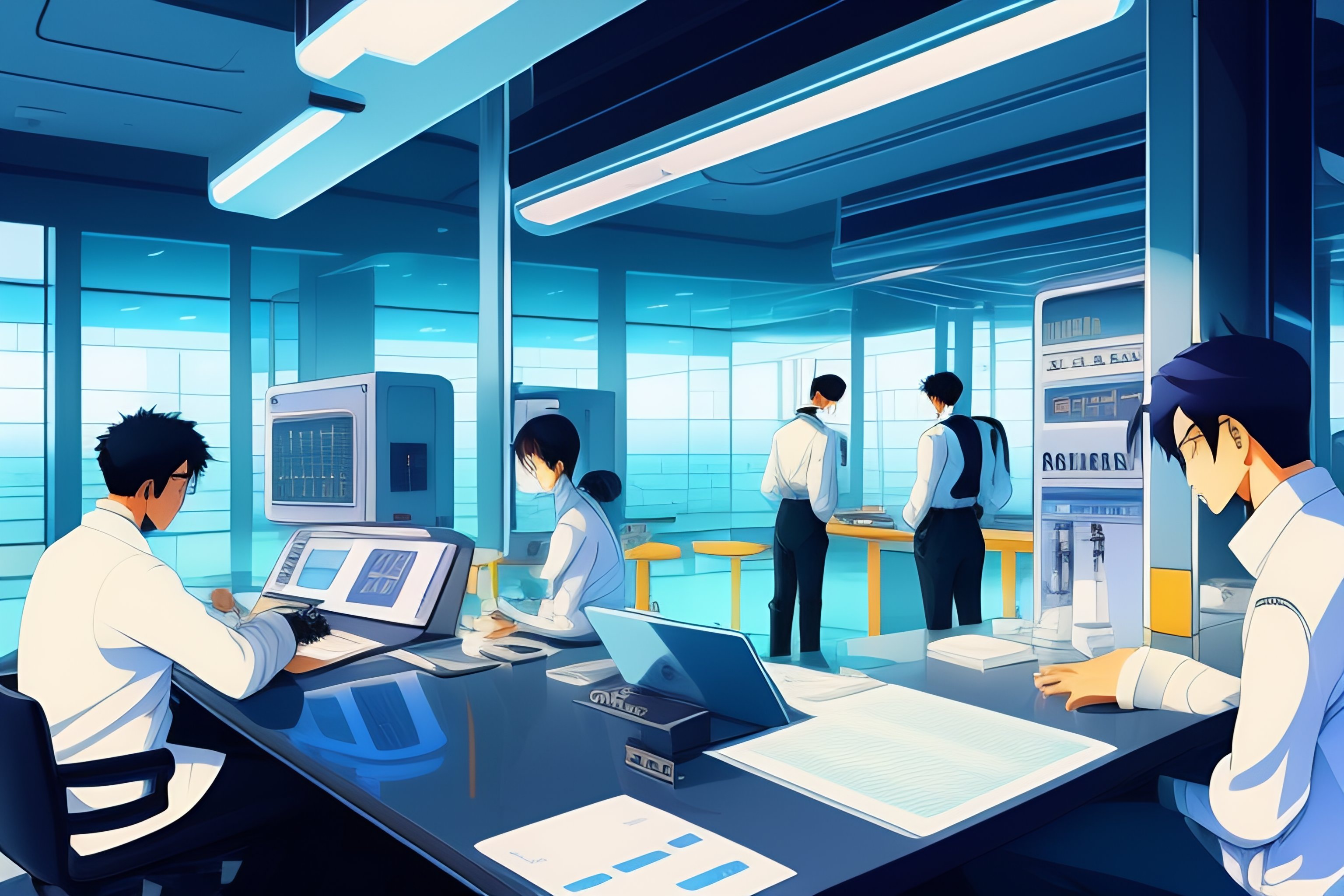 Lexica - Cel shaded study of a group of engineers in a futuristic ...