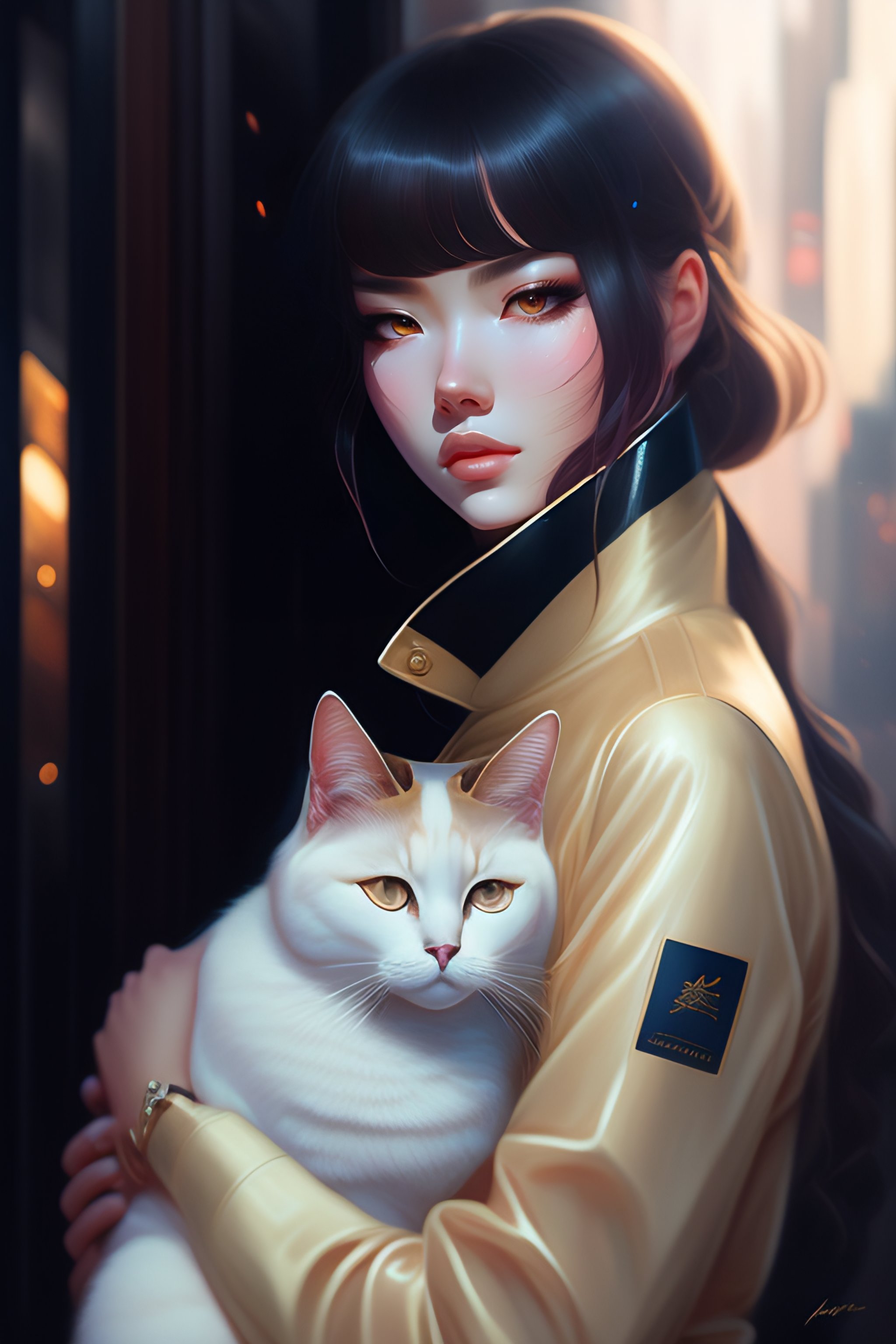 Lexica - Elegant girl holding a cute cat in urban outfit, cute fine ...