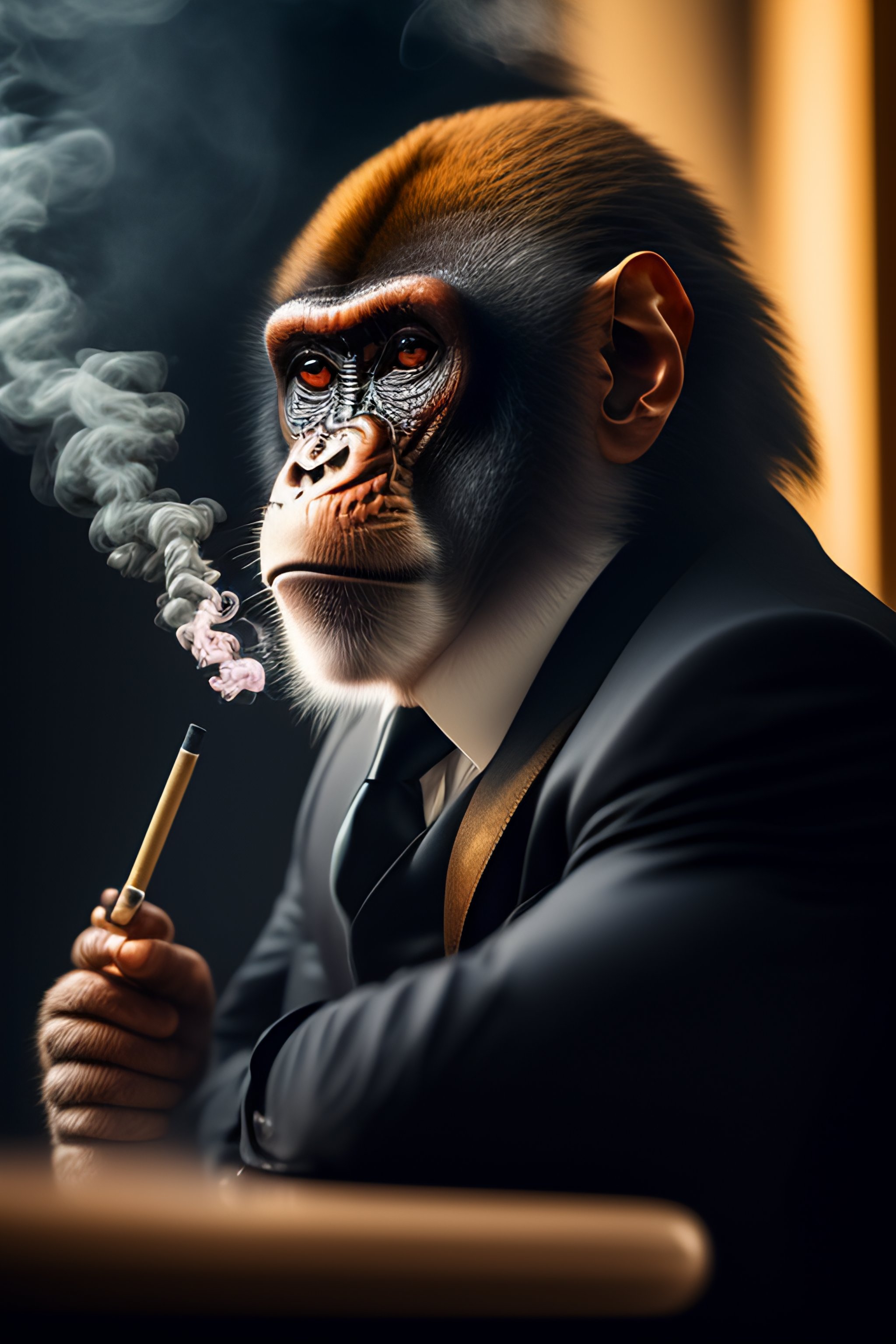 Lexica - Elegant monkey, black suit, smoking a very smoky cigarette ...