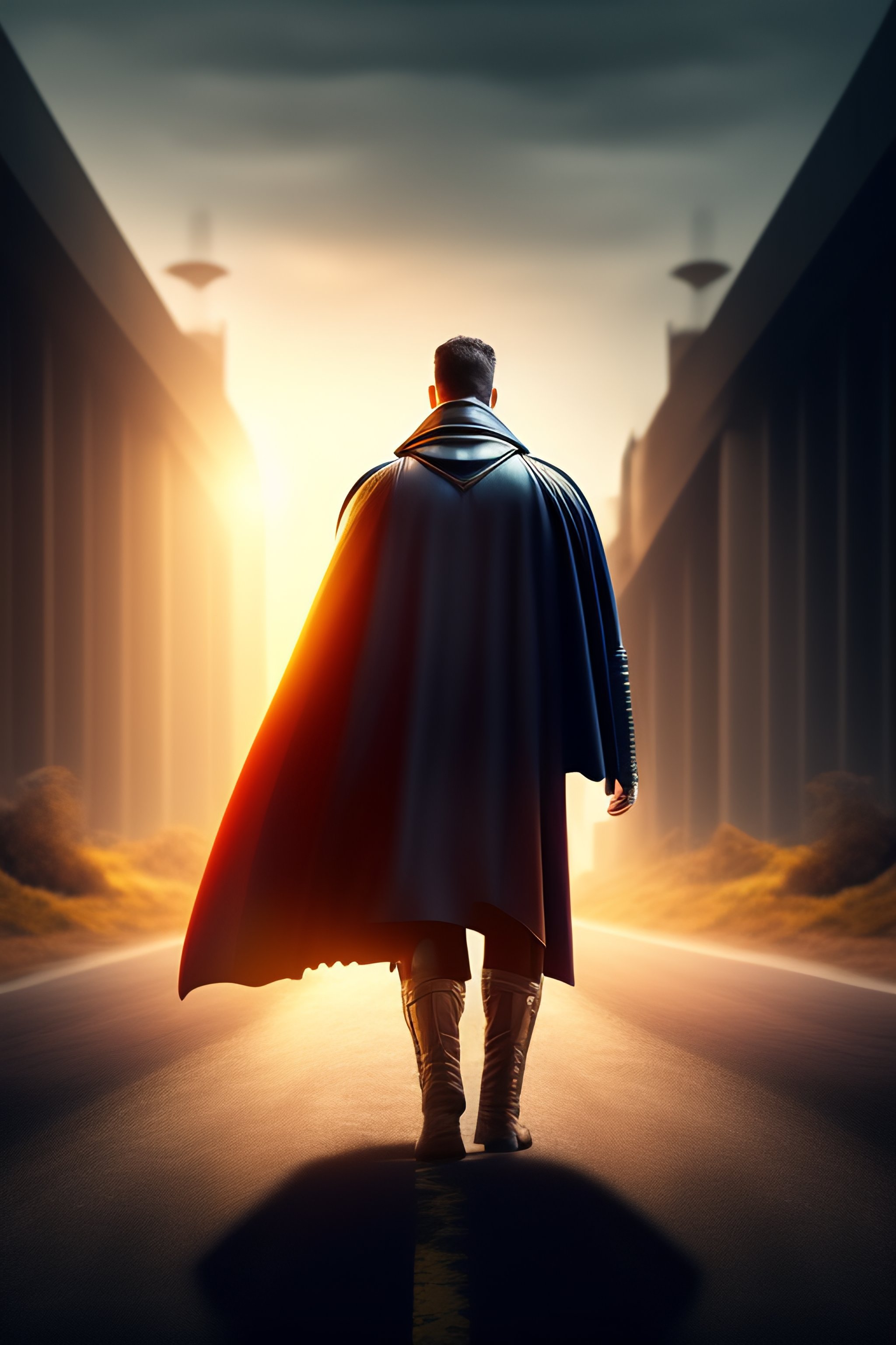 Lexica - Photo from the back of a superhero wearing a cape walking on a ...