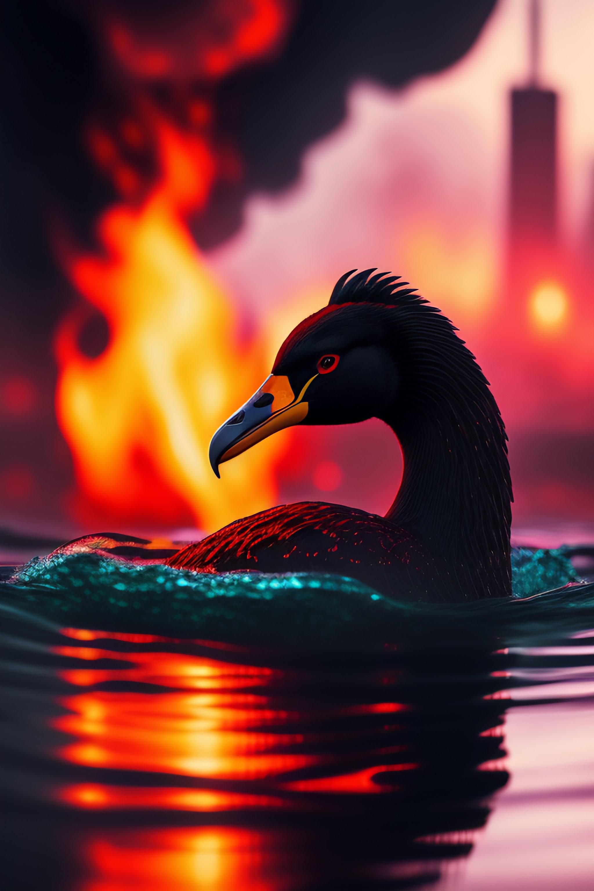 Lexica - A black swan with red eyes swimming in a sea by night, flames ...