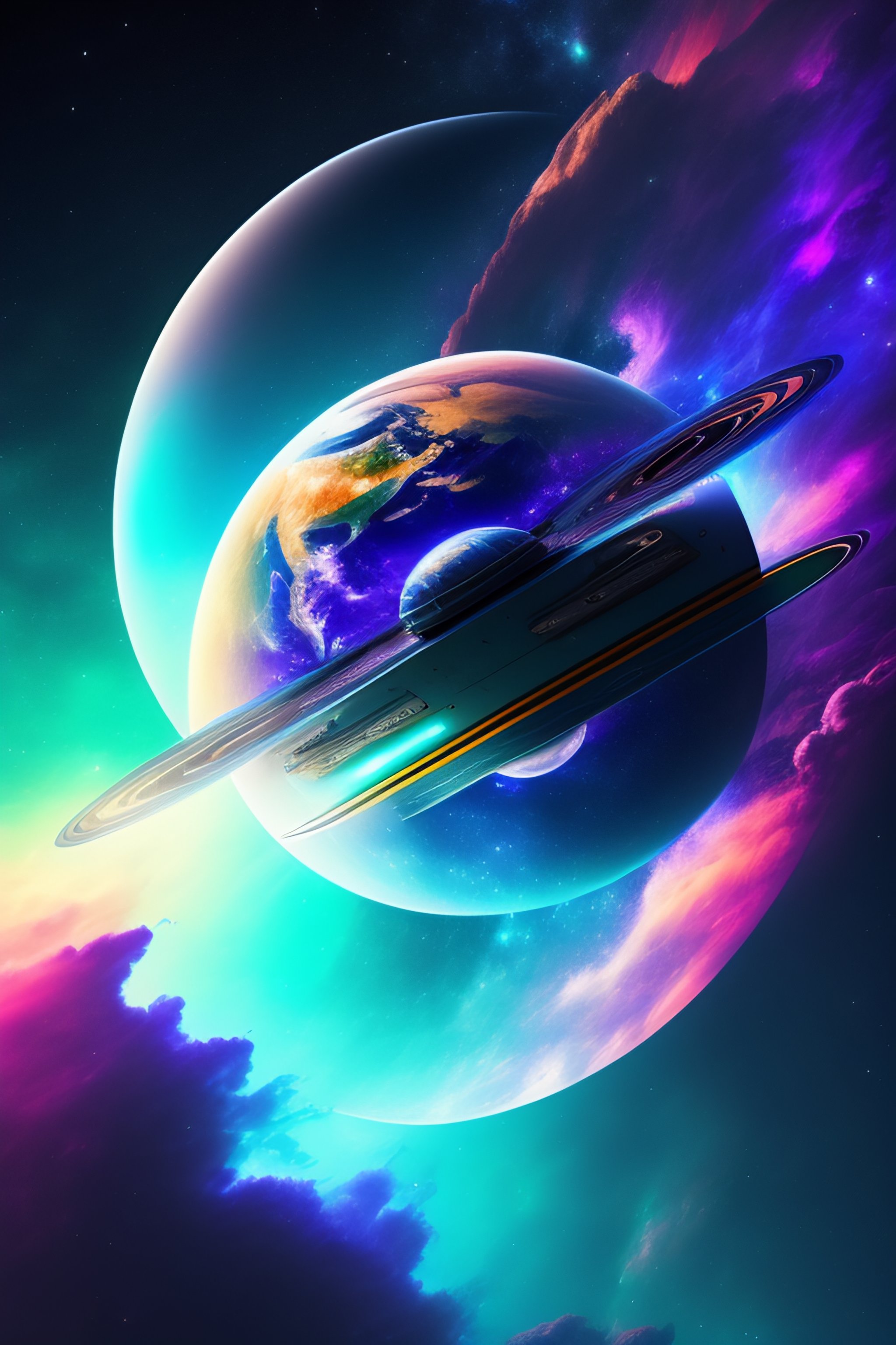 Lexica - Futuristic poster of a broken satellite in space, with a blue ...