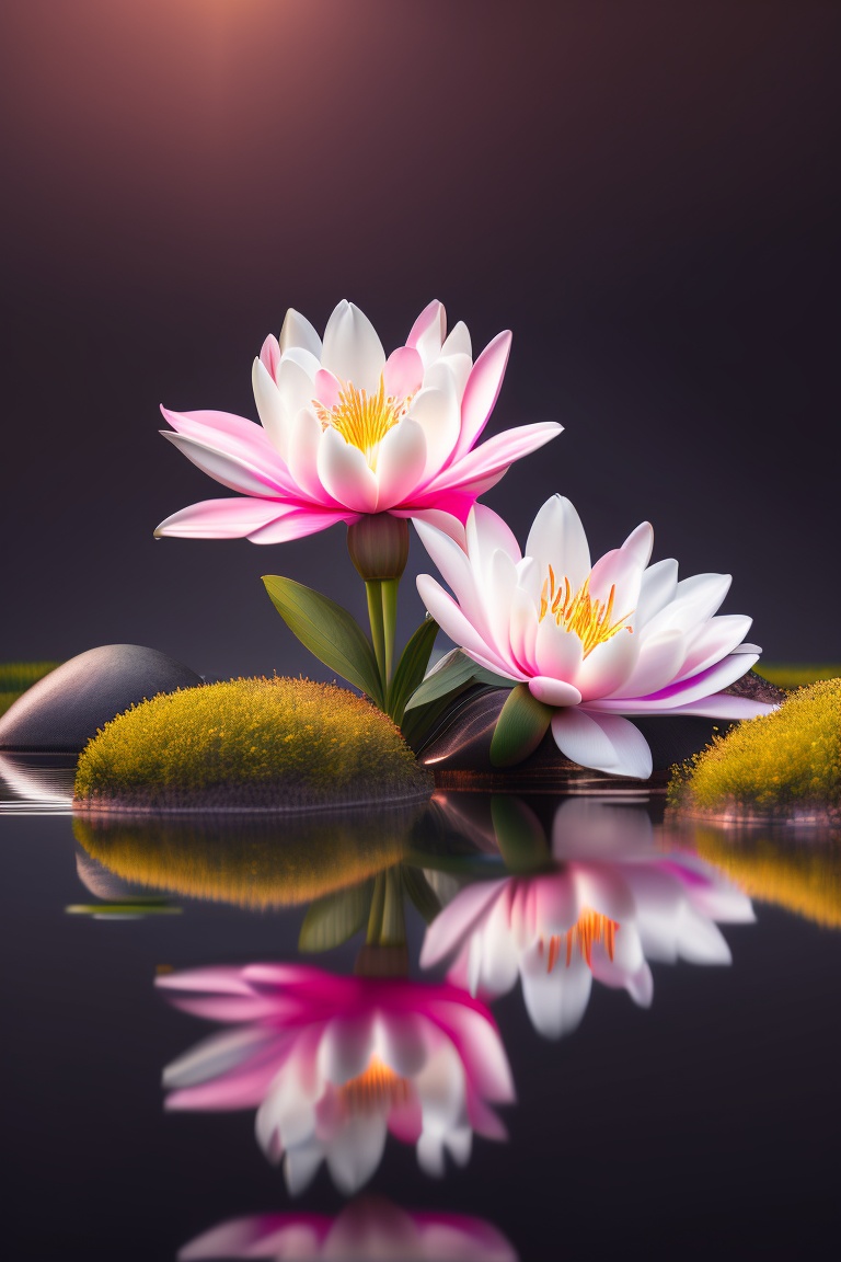 Lexica - Watery pink and white lilies in mirrored dark water are ...