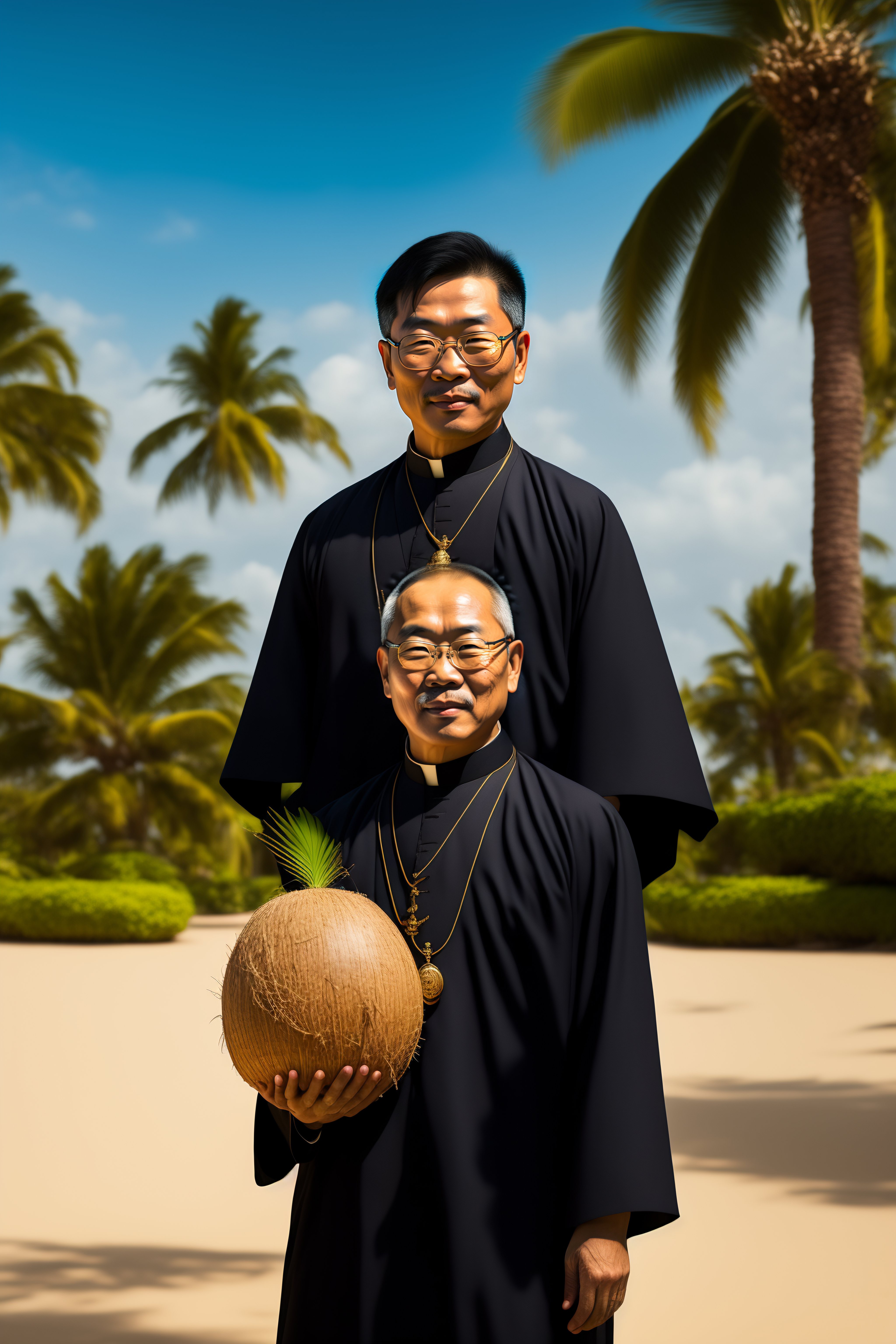 Lexica - Portrait of an Asian priest with a coconut in front of a palm tree