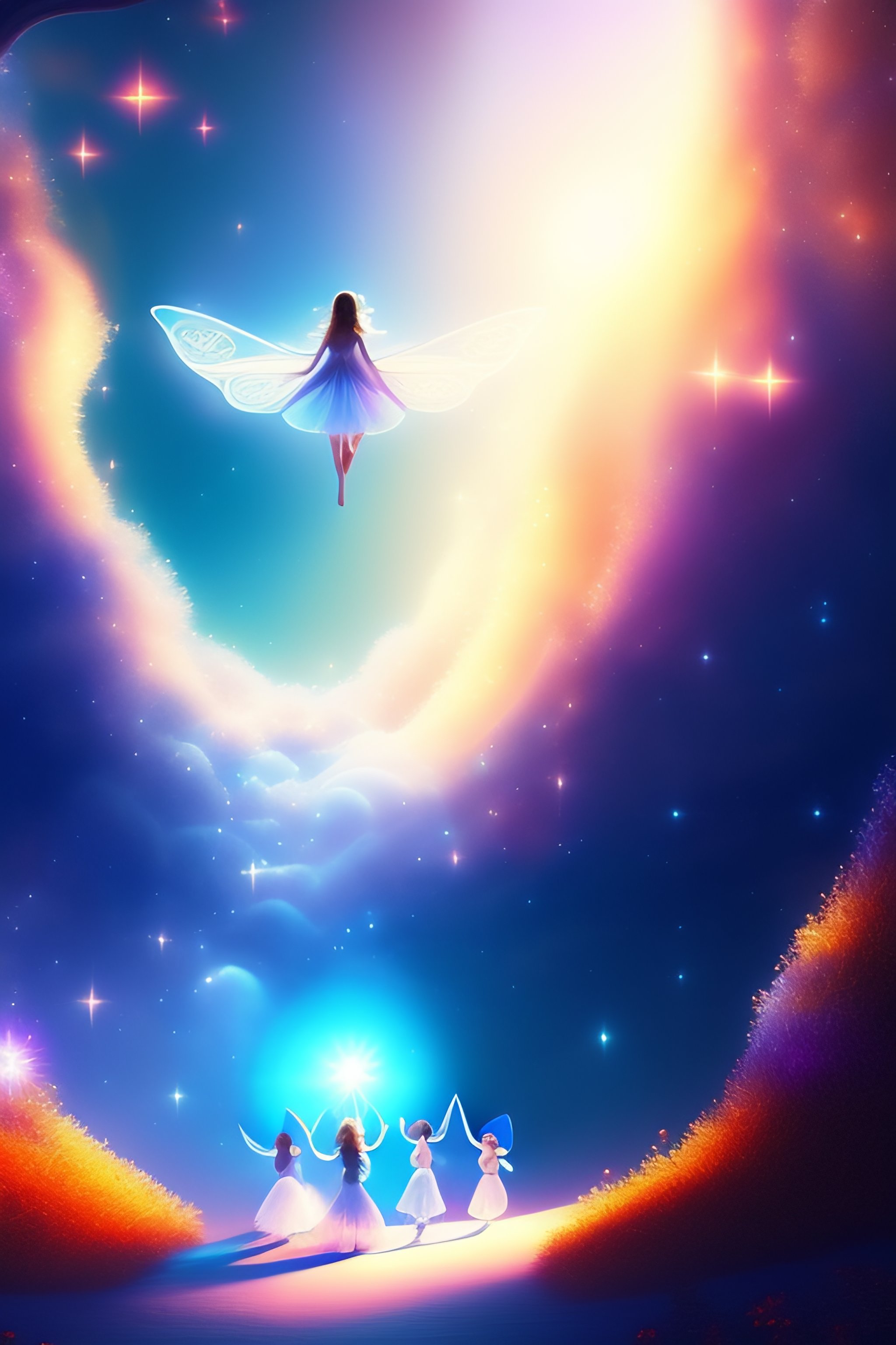 Lexica - Imagine a beautiful, serene scene in which a group of fairies ...